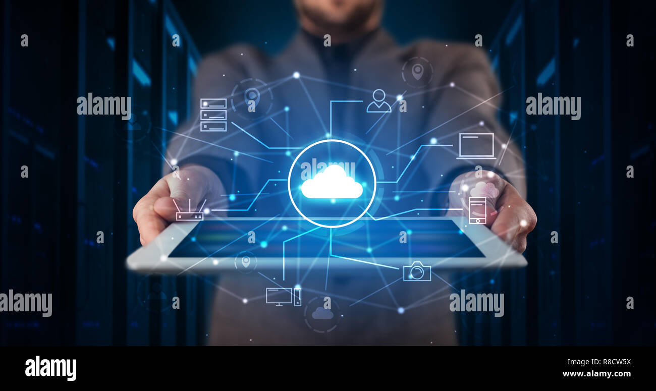 Formal hand in server room with virtual workspace concept Stock Photo ...