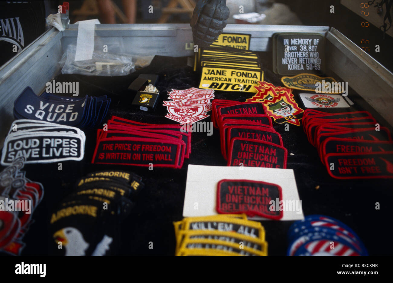 Racist badges sold at a Harley Davidson rally in Maine, USA Stock Photo ...