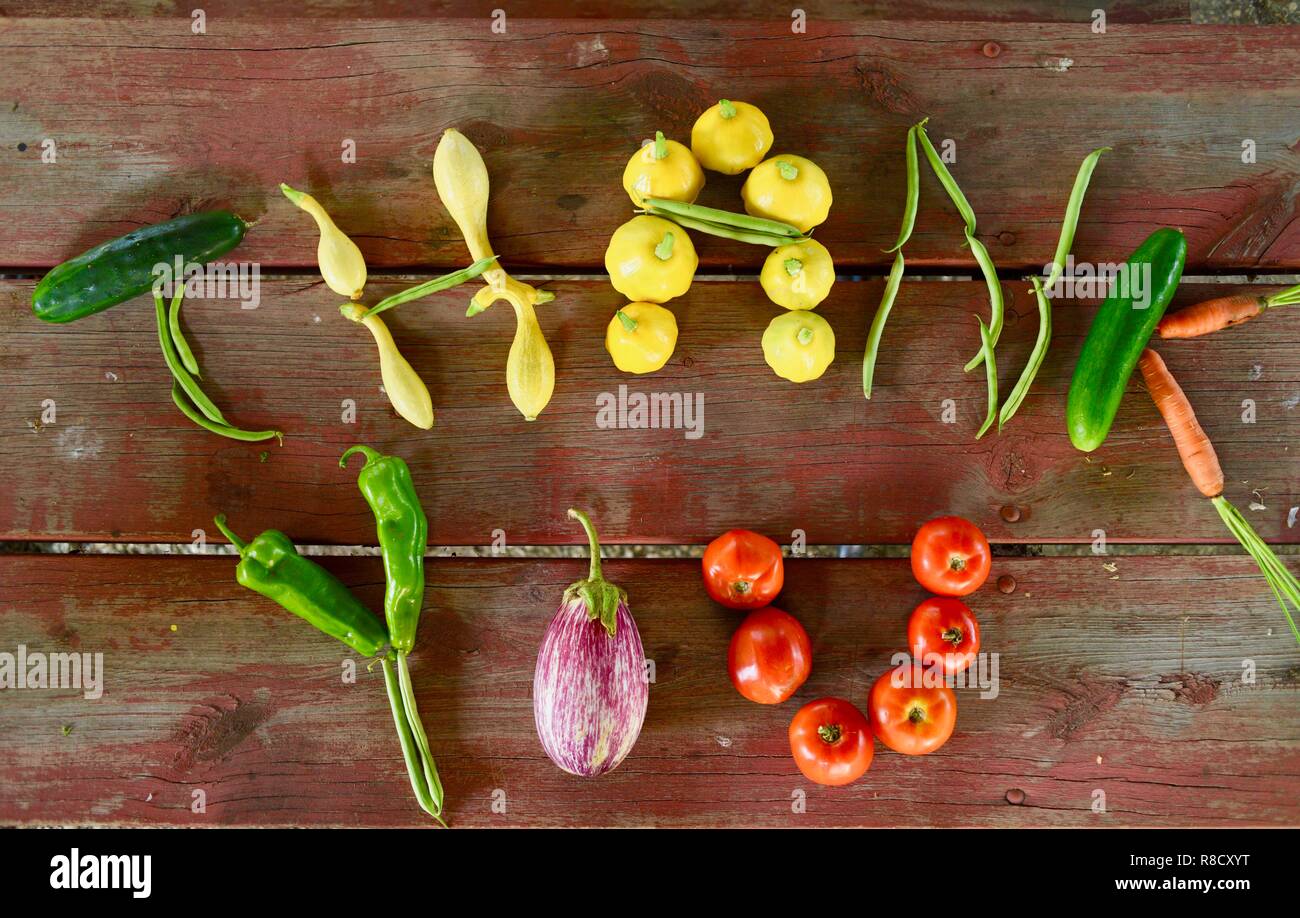Organic vegetables and fruit spell out Thank You, for a healthy eating ...