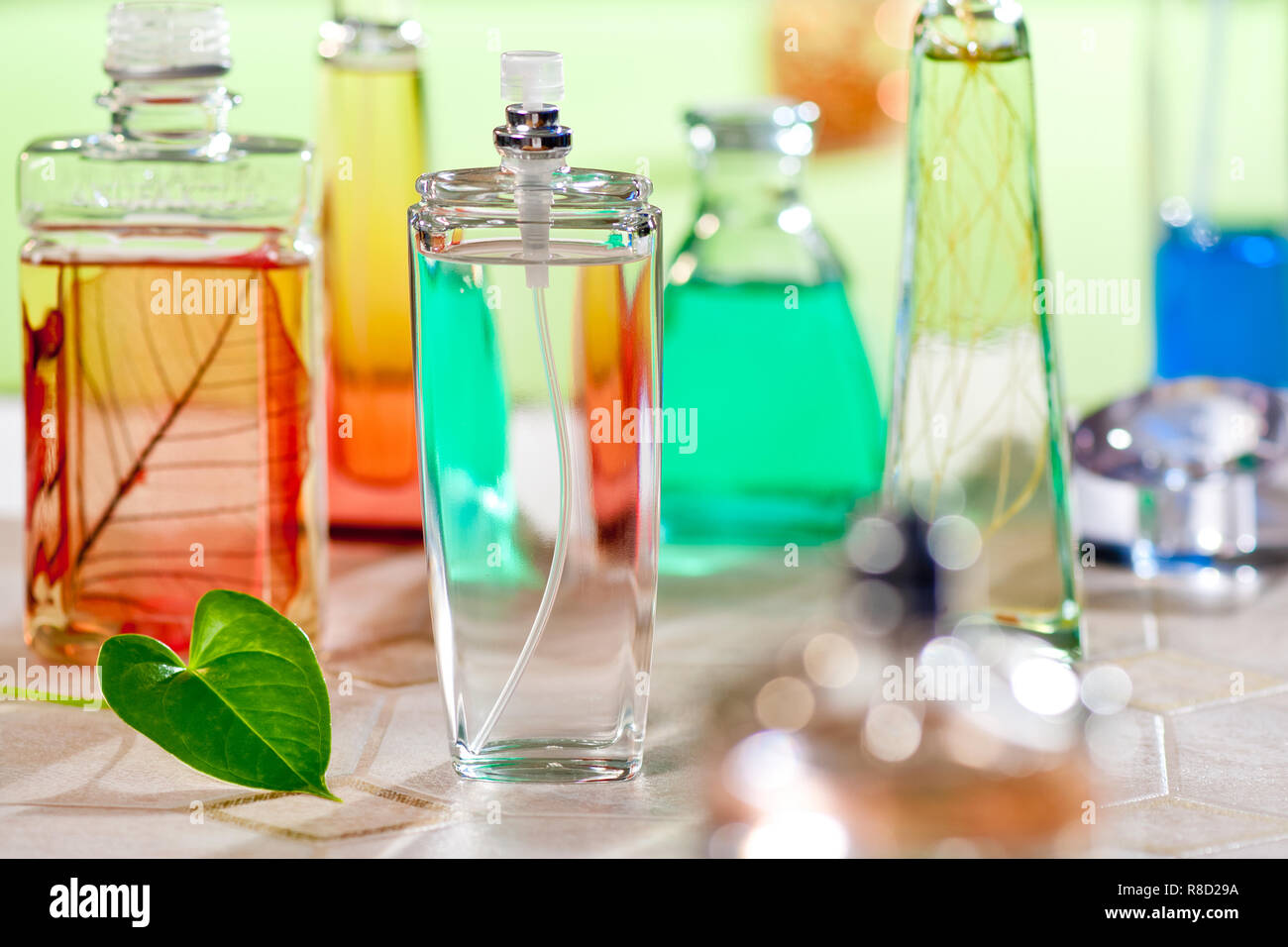 Care cosmetics with a leaf in the bathroom Stock Photo - Alamy