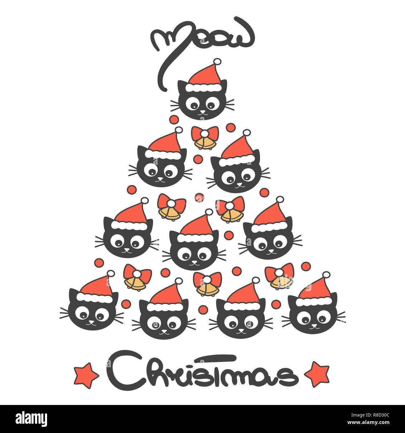 cute hand drawn lettering meow christmas vector holiday card with ...
