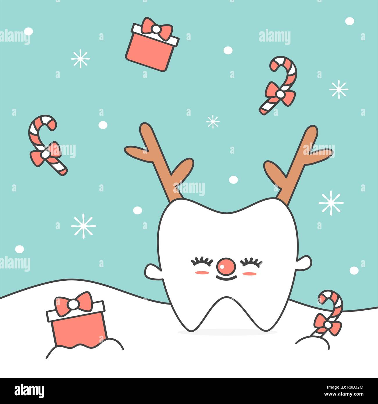 cute cartoon tooth in the snow with reindeer horn vector christmas ...