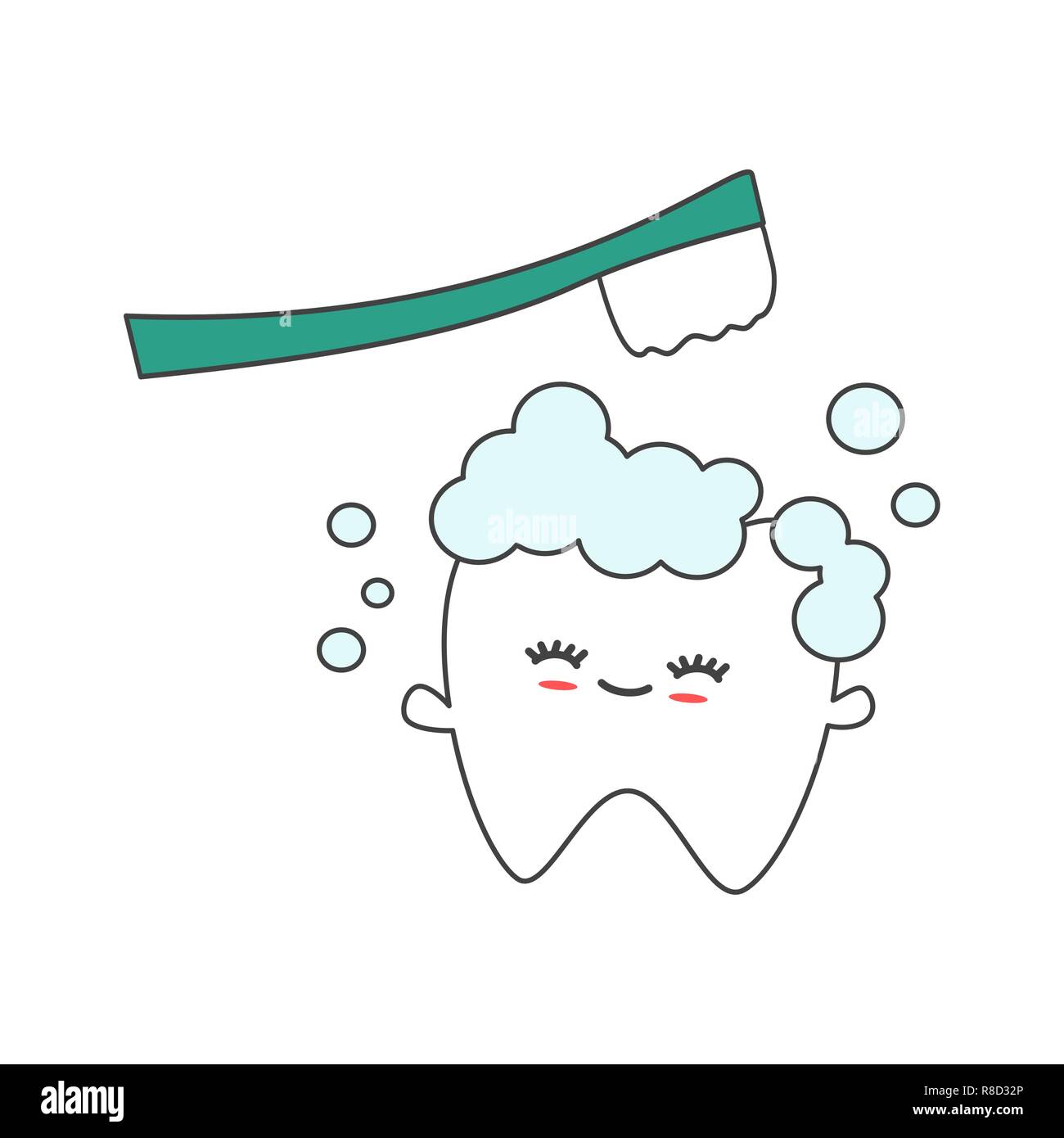 Cute tooth cartoon character with toothbrush and bubble vector concept ...
