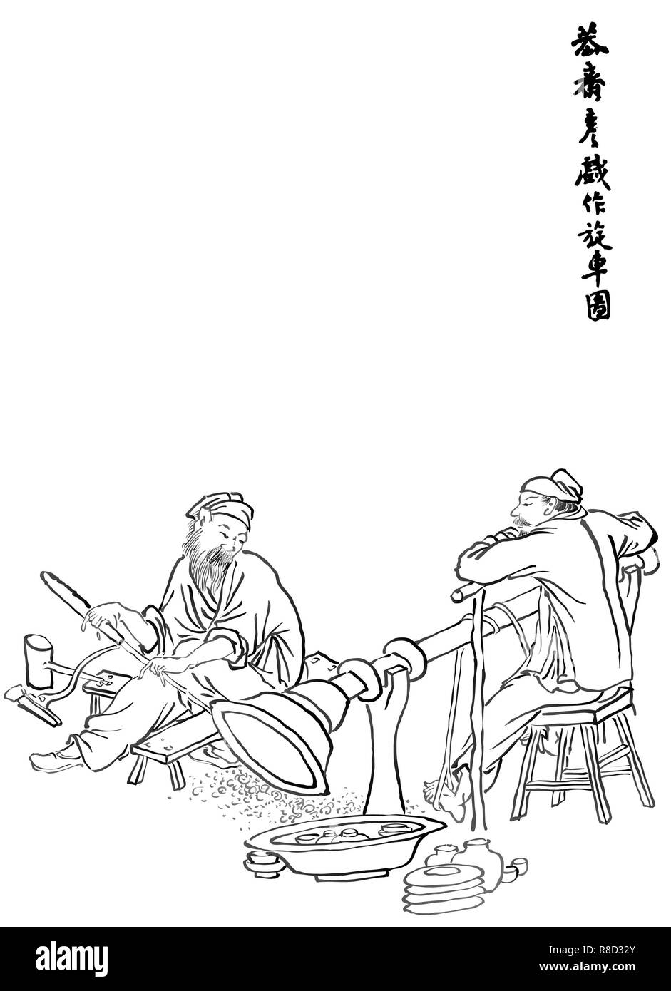 Hand draw line art Korean traditional painting of people. Watercolor ...