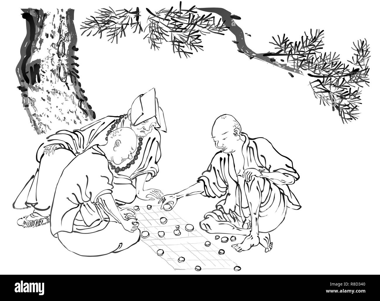 Hand draw line art Korean traditional painting of people. Watercolor ...