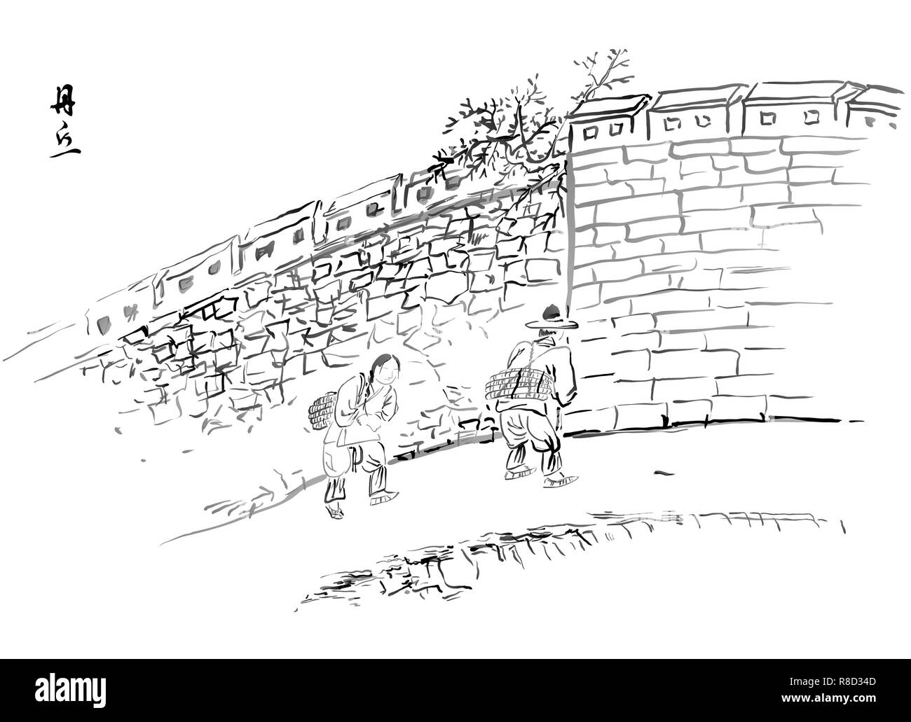 Hand draw line art Korean traditional painting of people. Watercolor ...