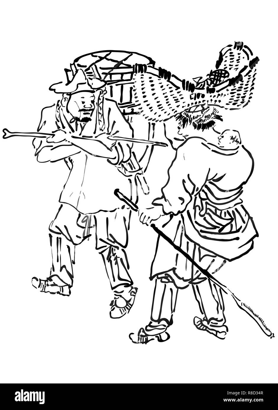 Hand draw line art Korean traditional painting of people. Watercolor ...