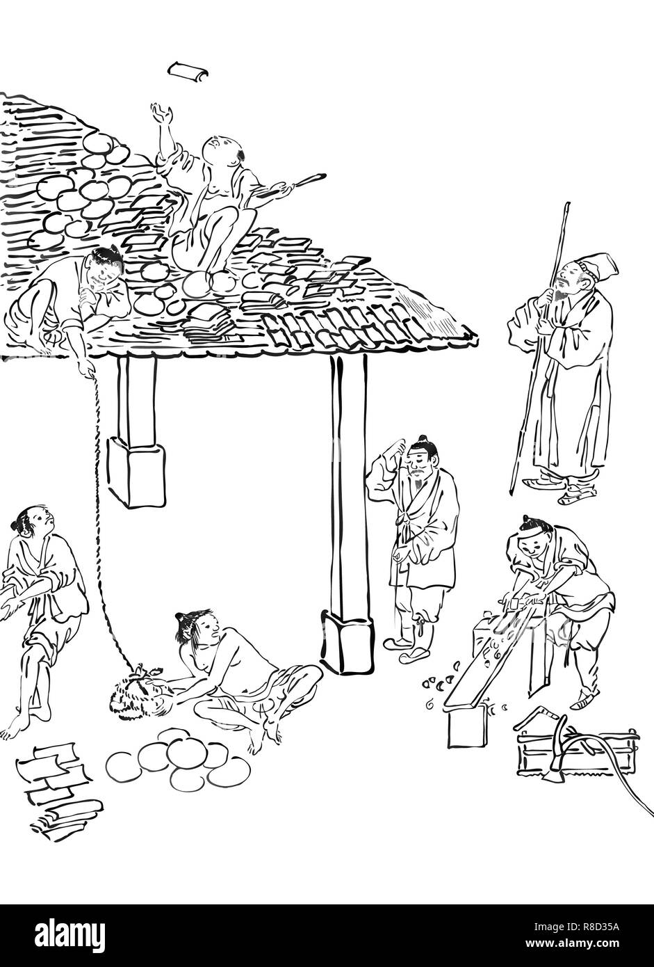 Hand draw line art Korean traditional painting of people. Watercolor ...