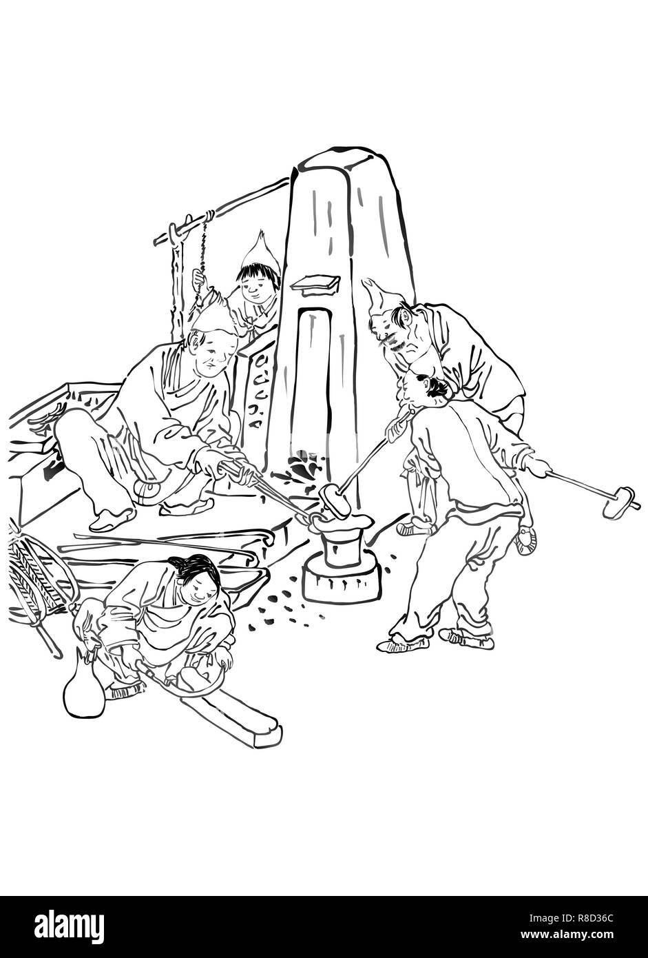 Hand draw line art Korean traditional painting. Watercolor and ink of ...