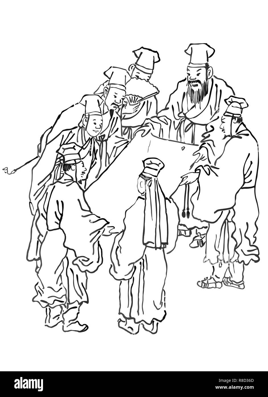 Hand draw line art Korean traditional painting. Watercolor and ink of ...