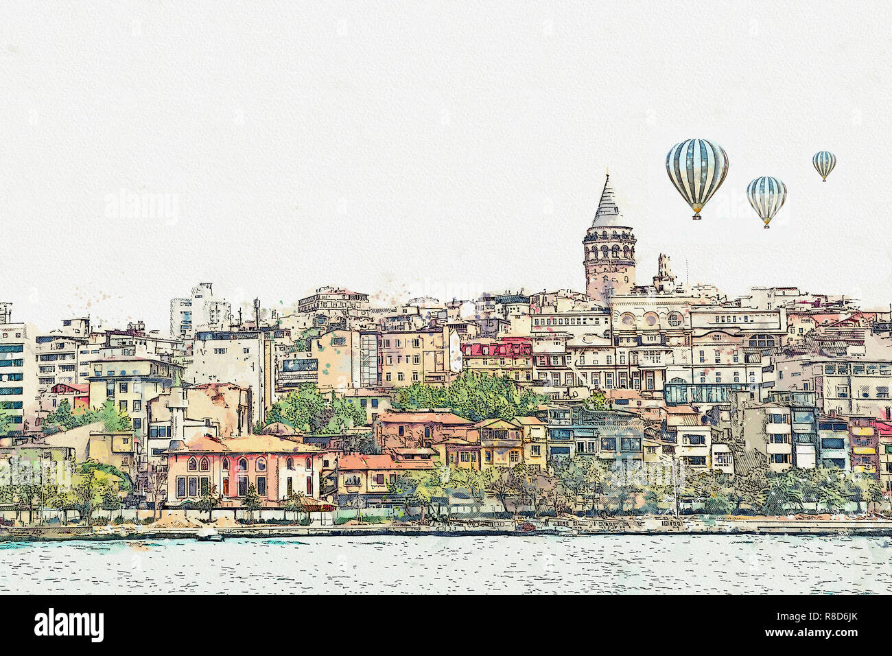 A watercolor sketch or illustration of a beautiful view of the ...