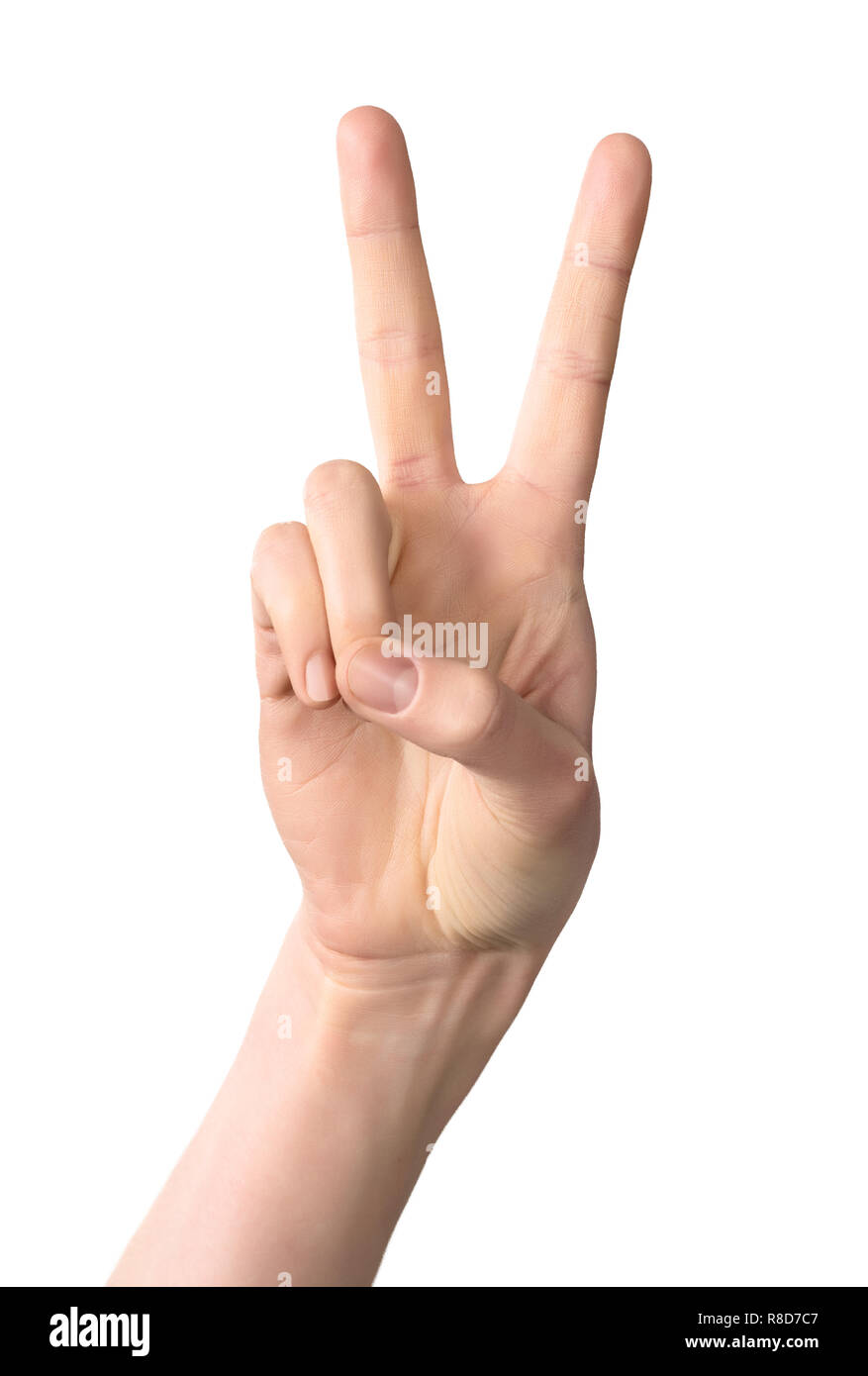 woman hand victory sign gesture isolated on white background Stock ...