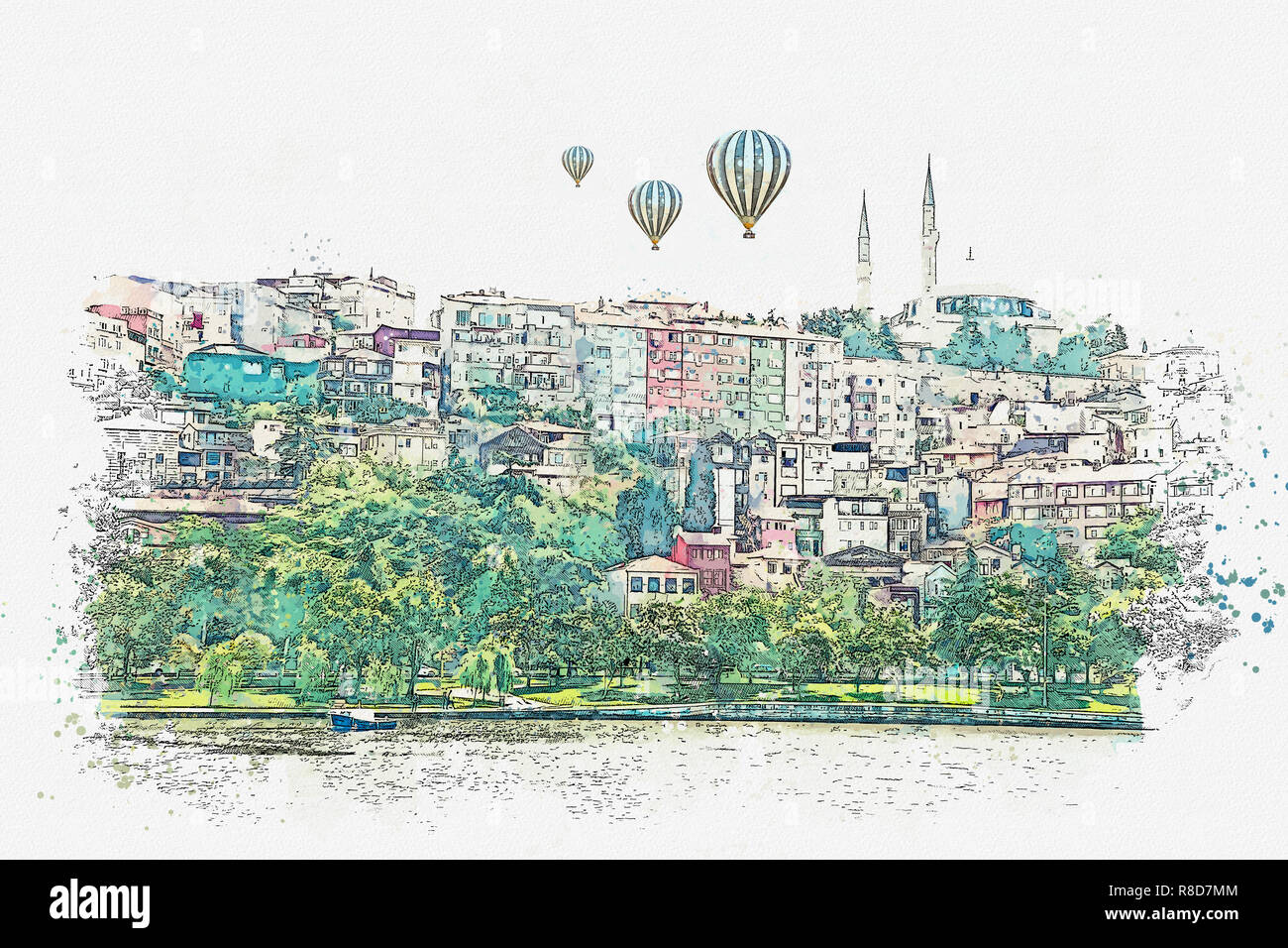 A watercolor sketch or illustration of a beautiful view of the ...