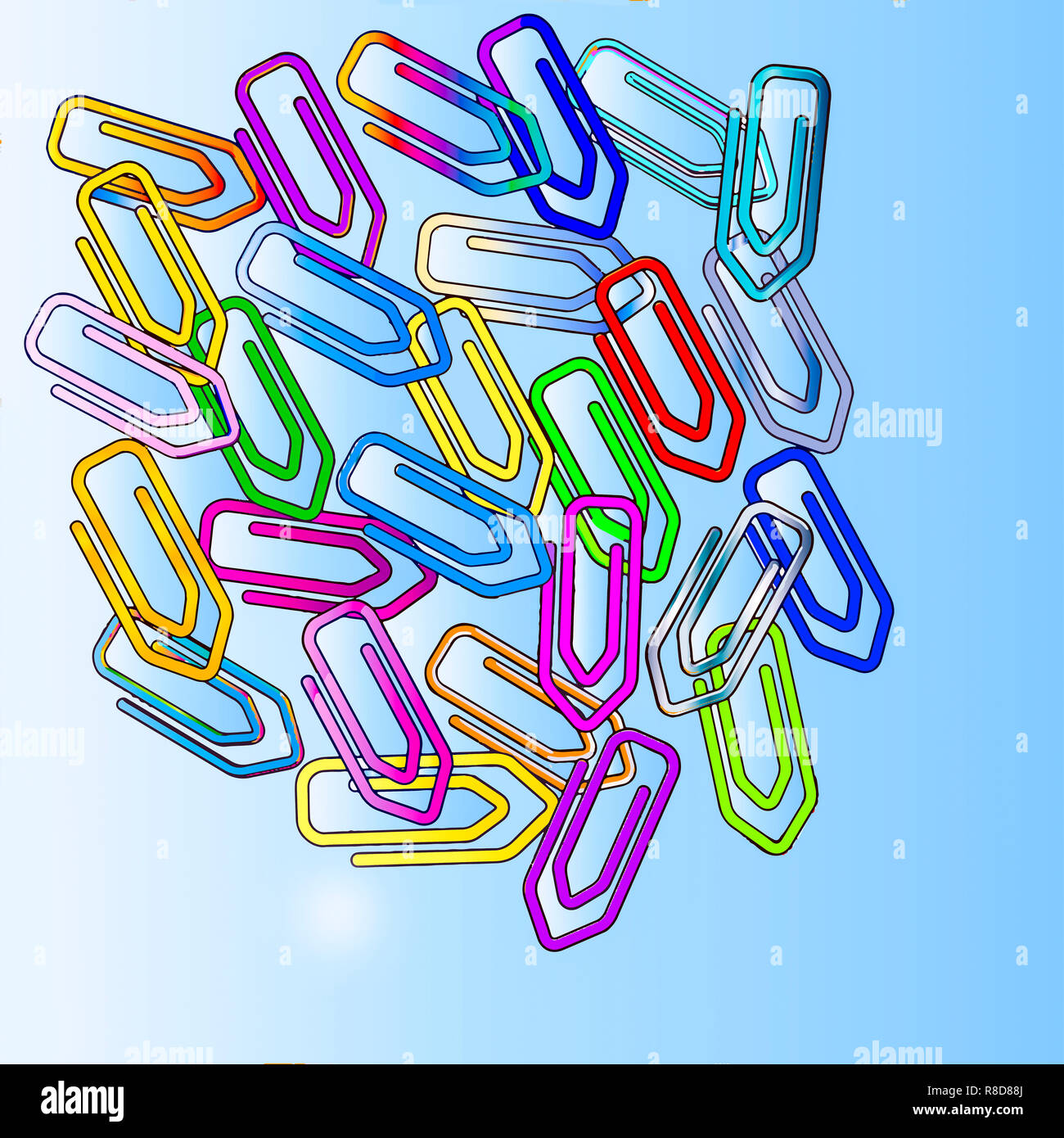 Multi coloured office paper clips in a soft baby blue background. Stock ...