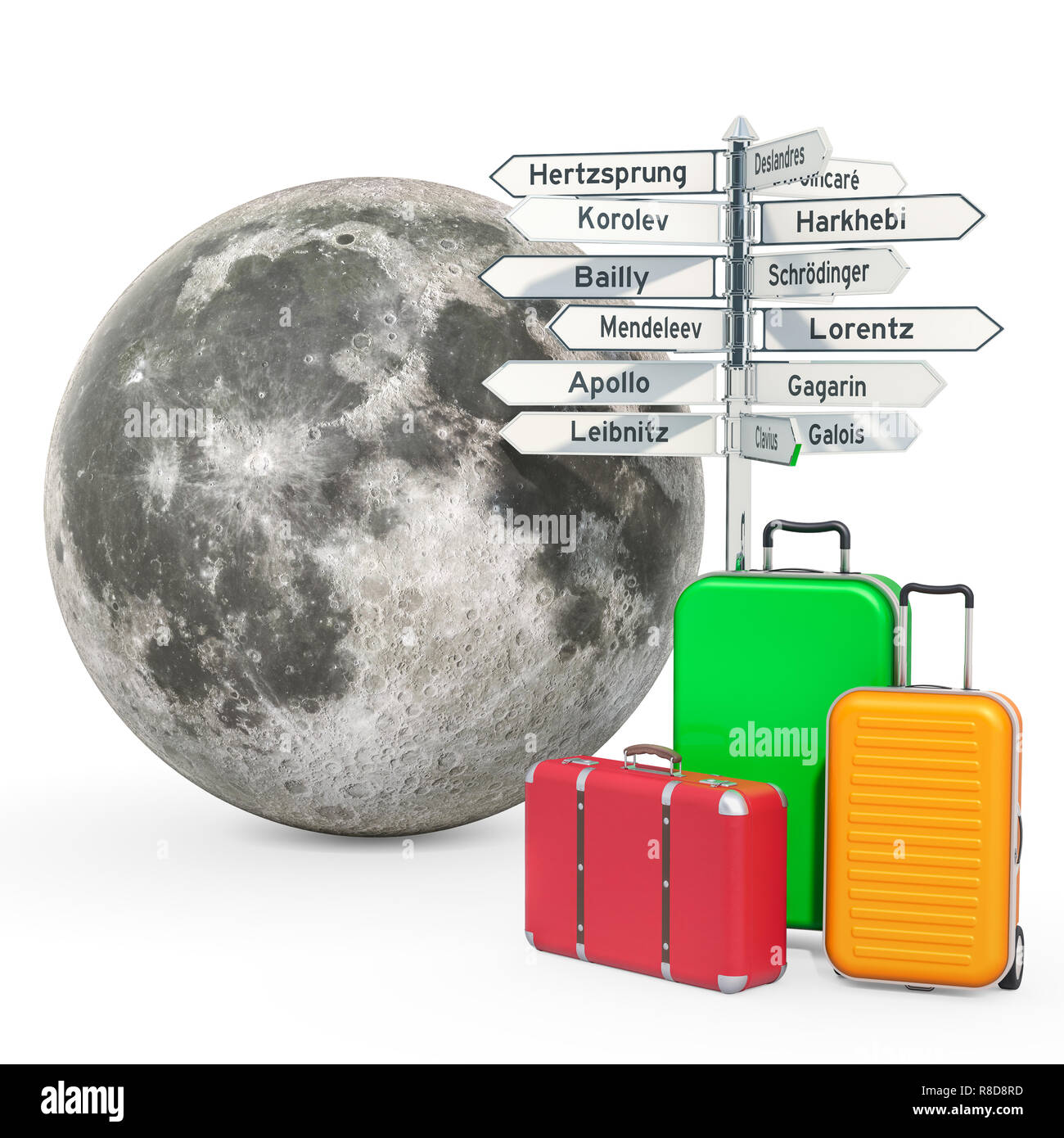 Travel to the Moon. Lunar space tourism concept, 3D rendering isolated ...