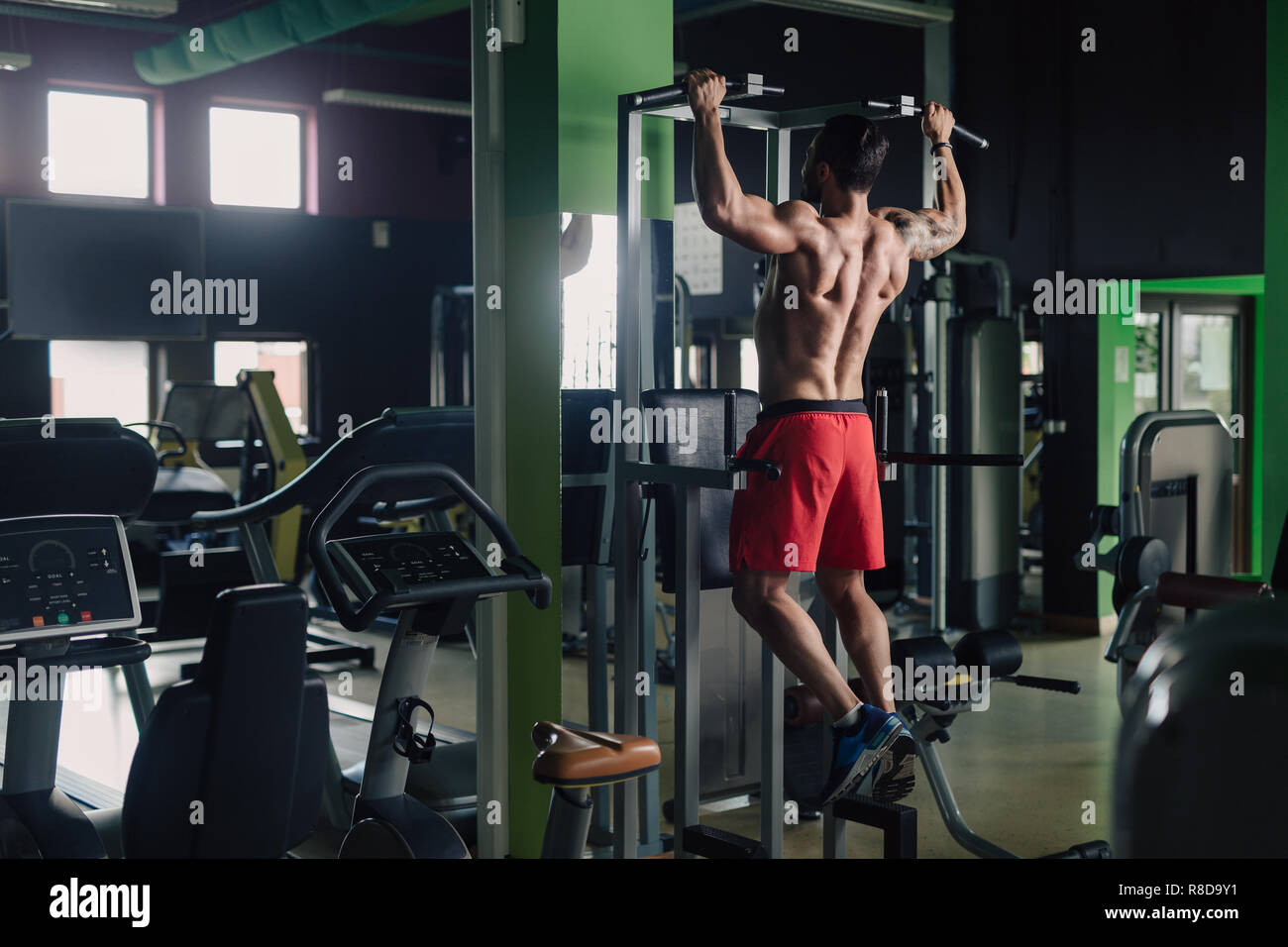 Strong man in the gym doing back exercise Stock Photo - Alamy