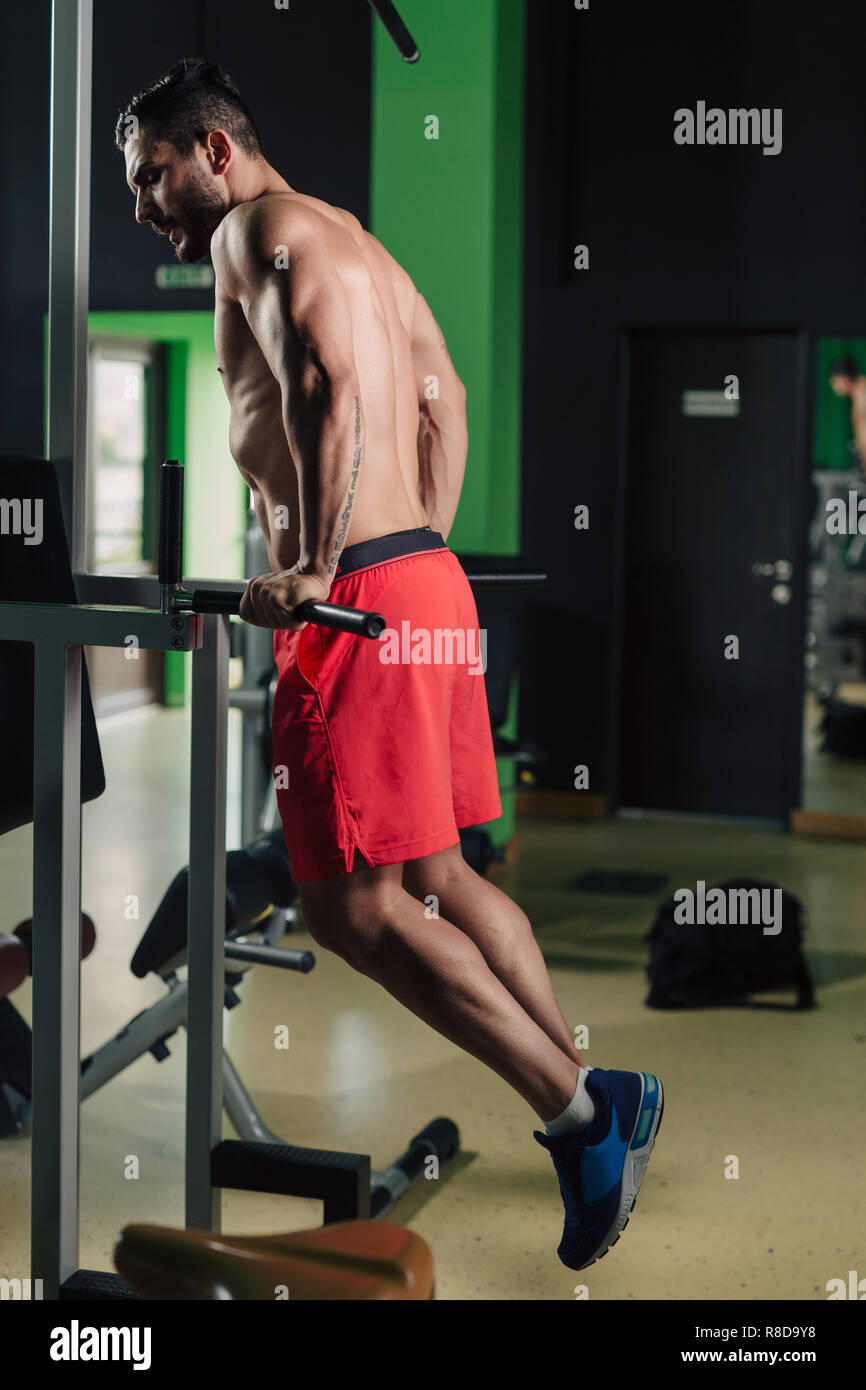 Strong man in the gym doing triceps exercise Stock Photo - Alamy