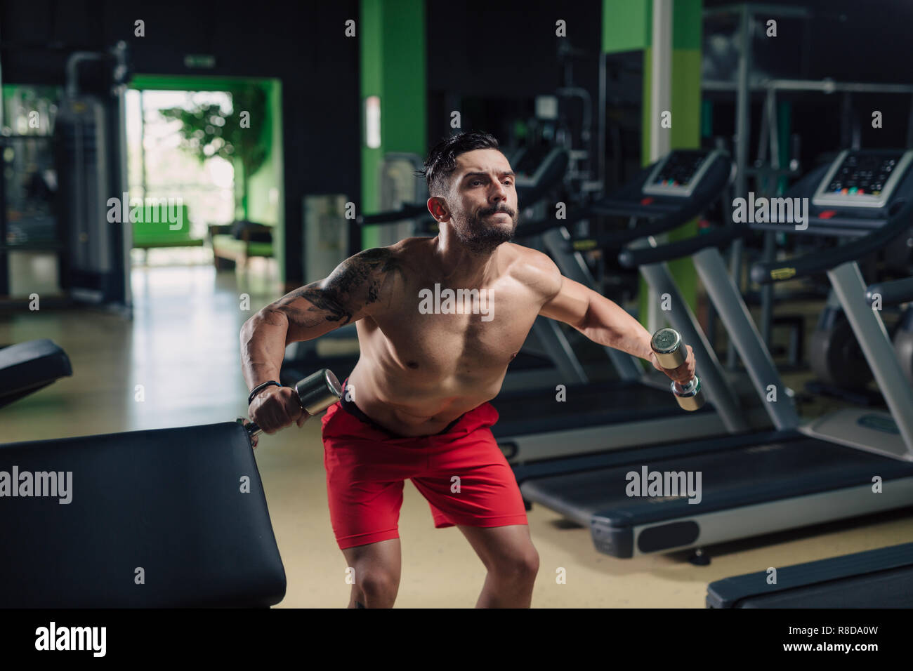 Strong man in the gym doing shoulder exercises with dumbbell Stock ...
