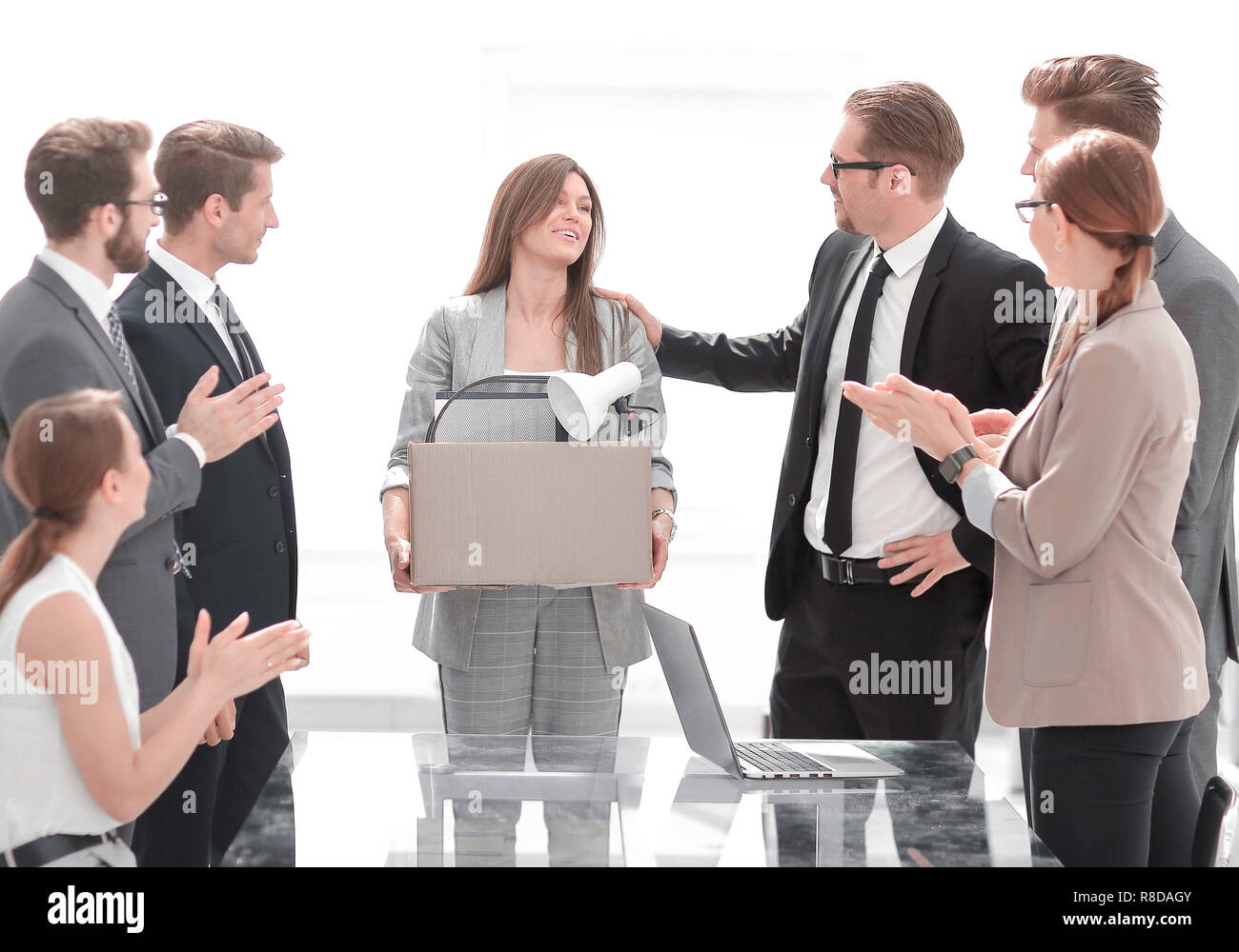 boss and business team welcome new employee Stock Photo - Alamy