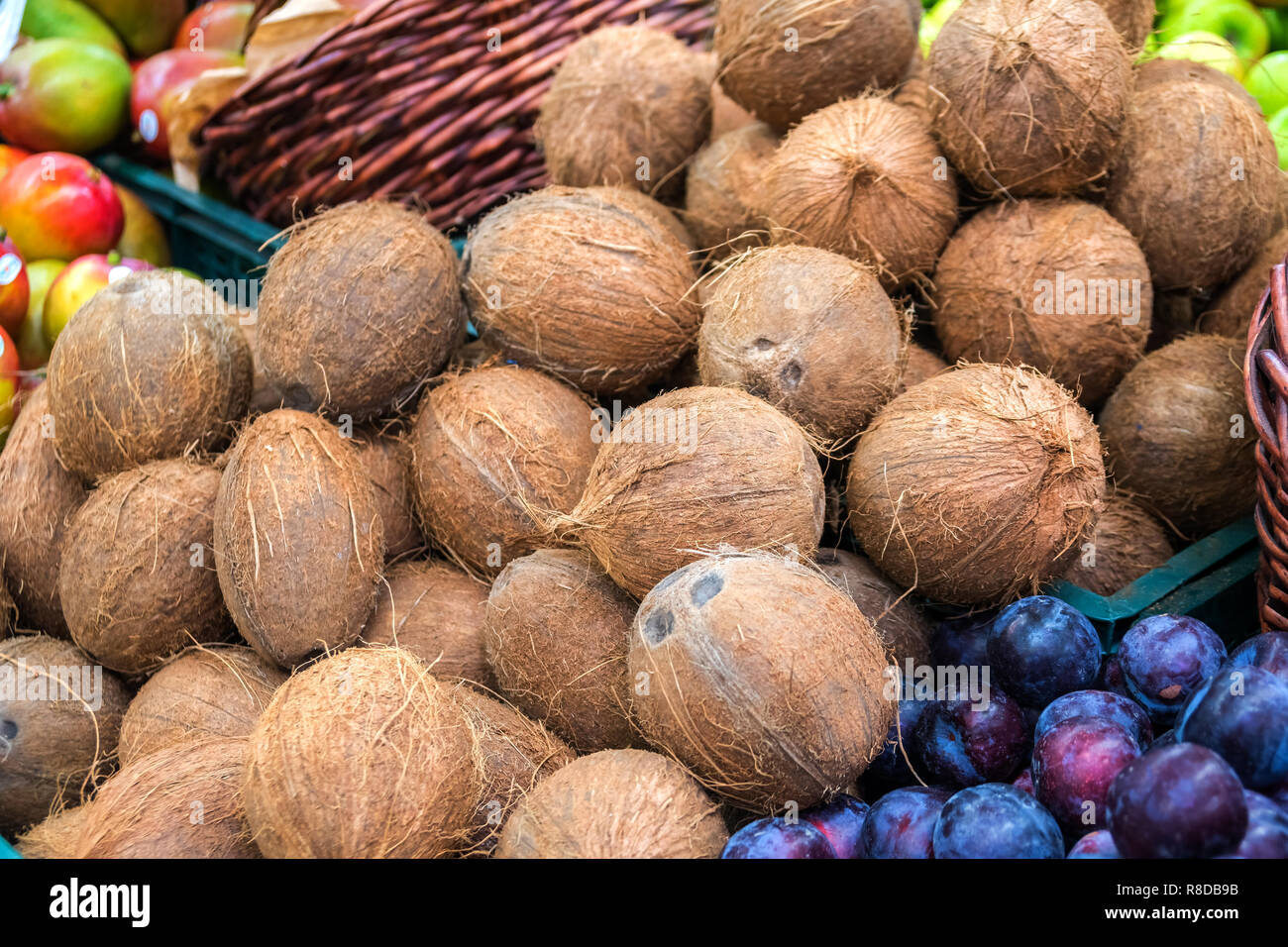 Fruit market with various colorful fresh fruits, healthy food Stock ...