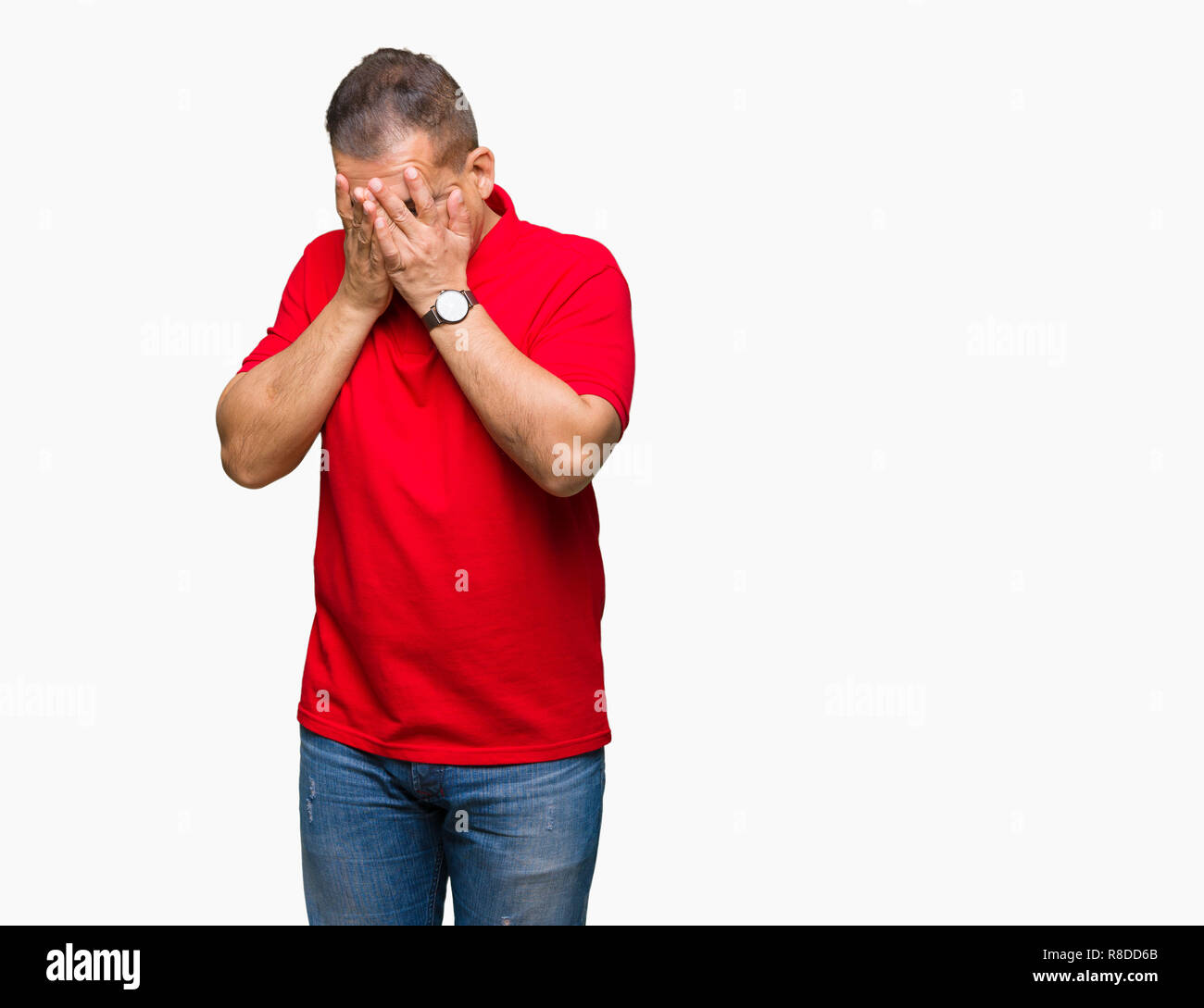 Middle age arab man over isolated background with sad expression ...