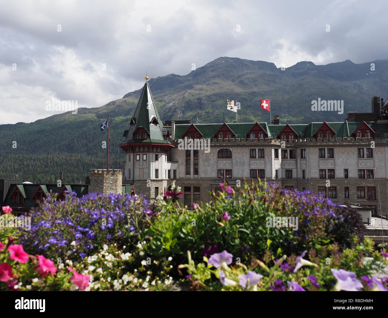 Beauty flowers and historical building in european city center of St ...