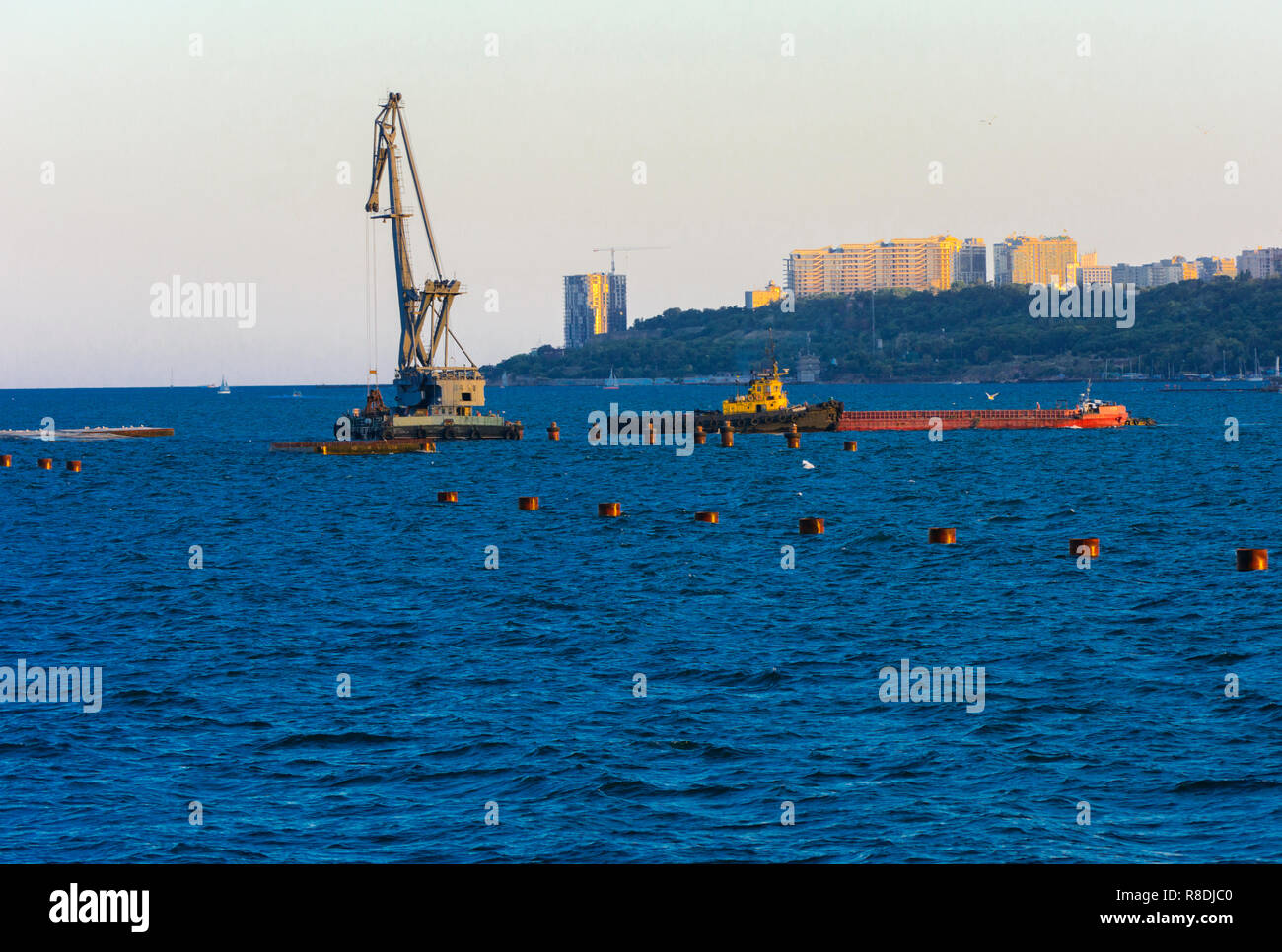 Odessa, Ukraine - August 8, 2018. Big working cranes for loading ...