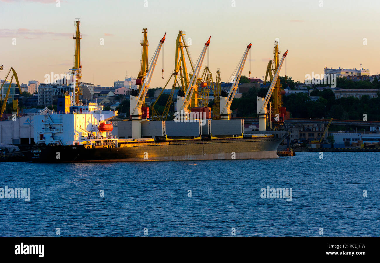 Odessa, Ukraine - August 8, 2018. Big working cranes for loading ...