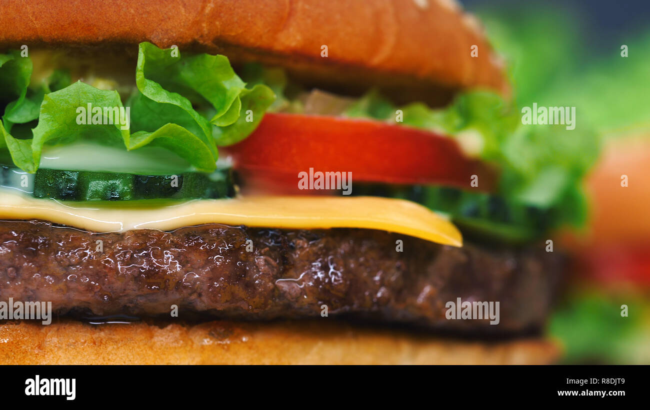 Macro detailed view of juicy beef burger layers. Cutlet, onion ...