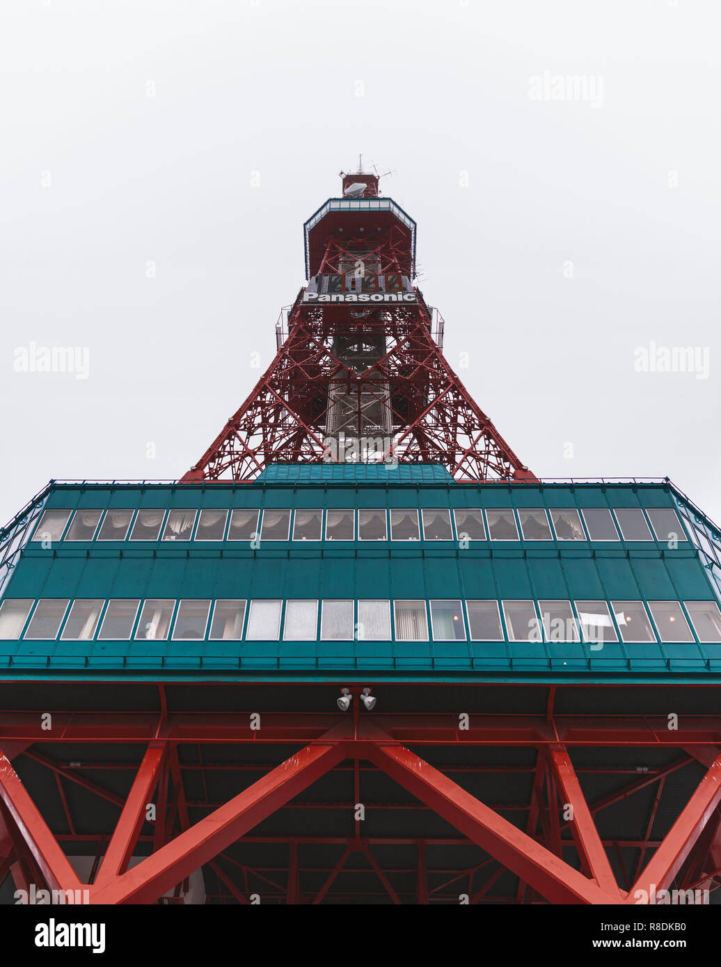 Low angle view of the Sapporo Tv Tower in Odori Park. Sapporo, Hokkaido ...
