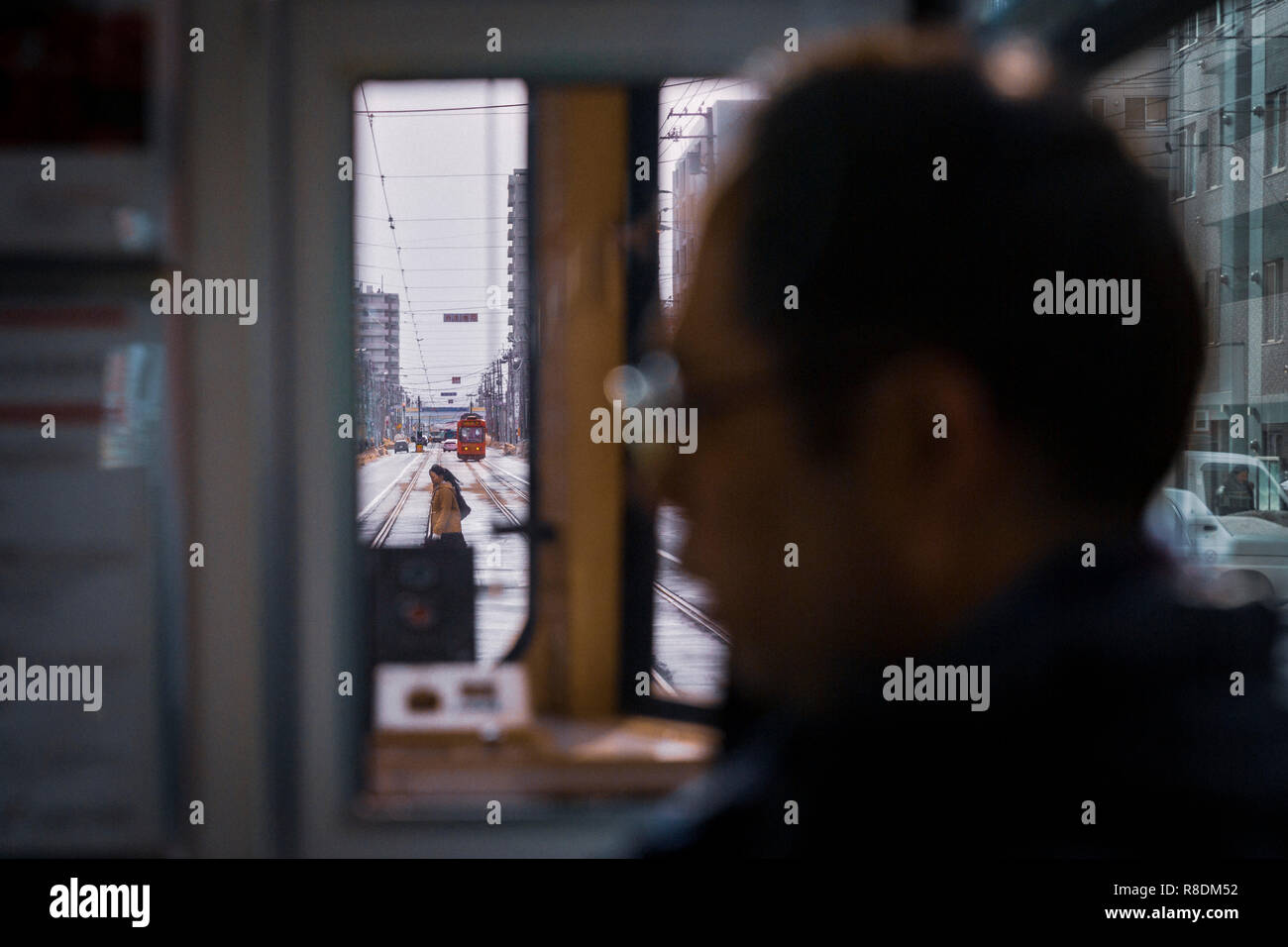 View from a tram window in downtown Sapporo. Hokkaido, Japan Stock ...