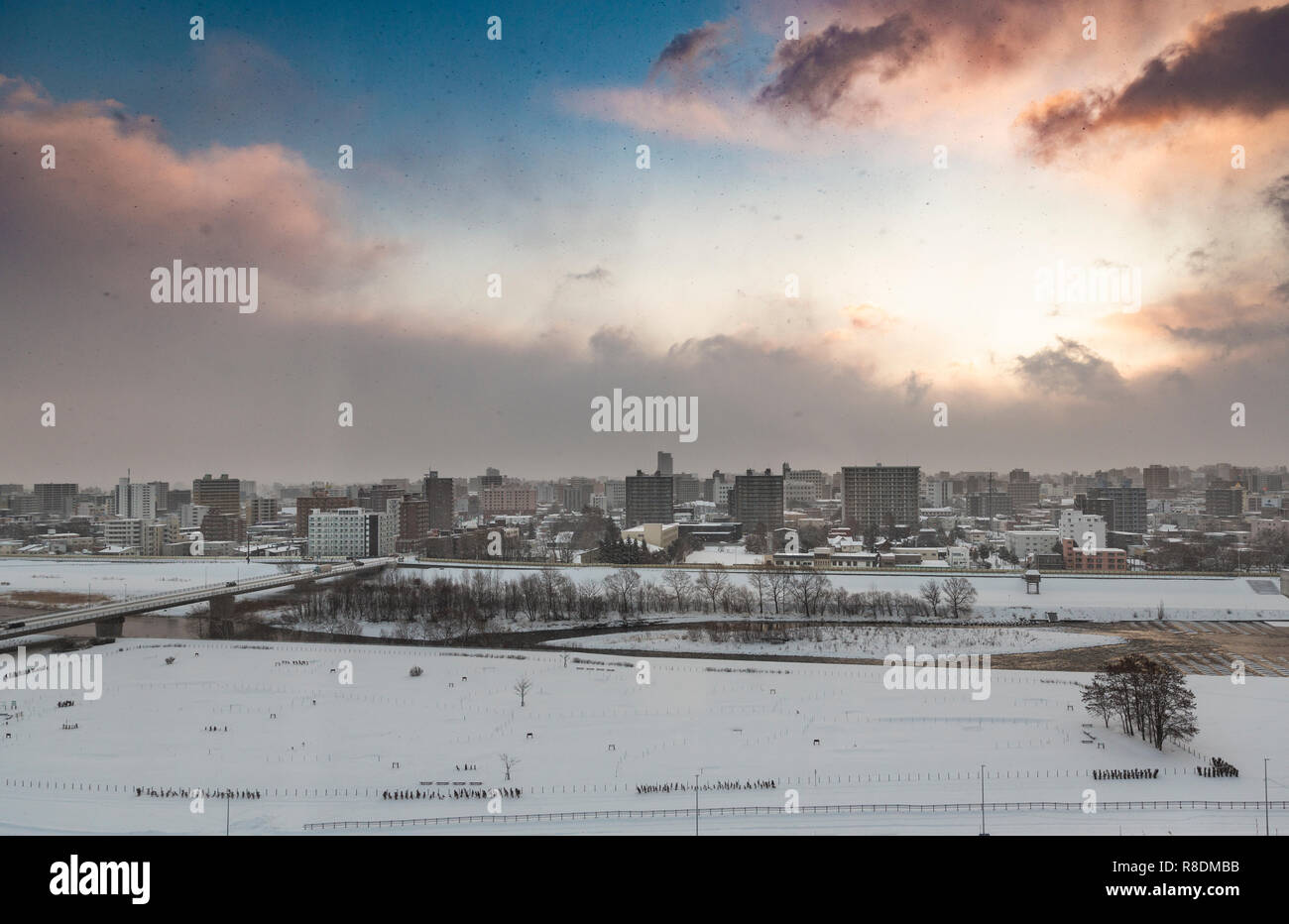 Aerial view before sunset of Sapporo City by Toyohira riverside in ...
