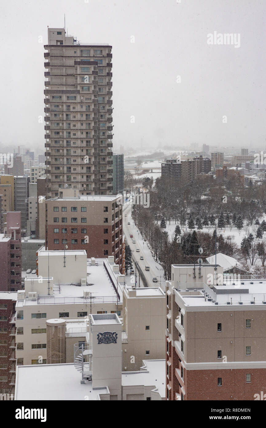 Aerial view of downtown Sapporo in winter. Hokkaido, Japan Stock Photo ...