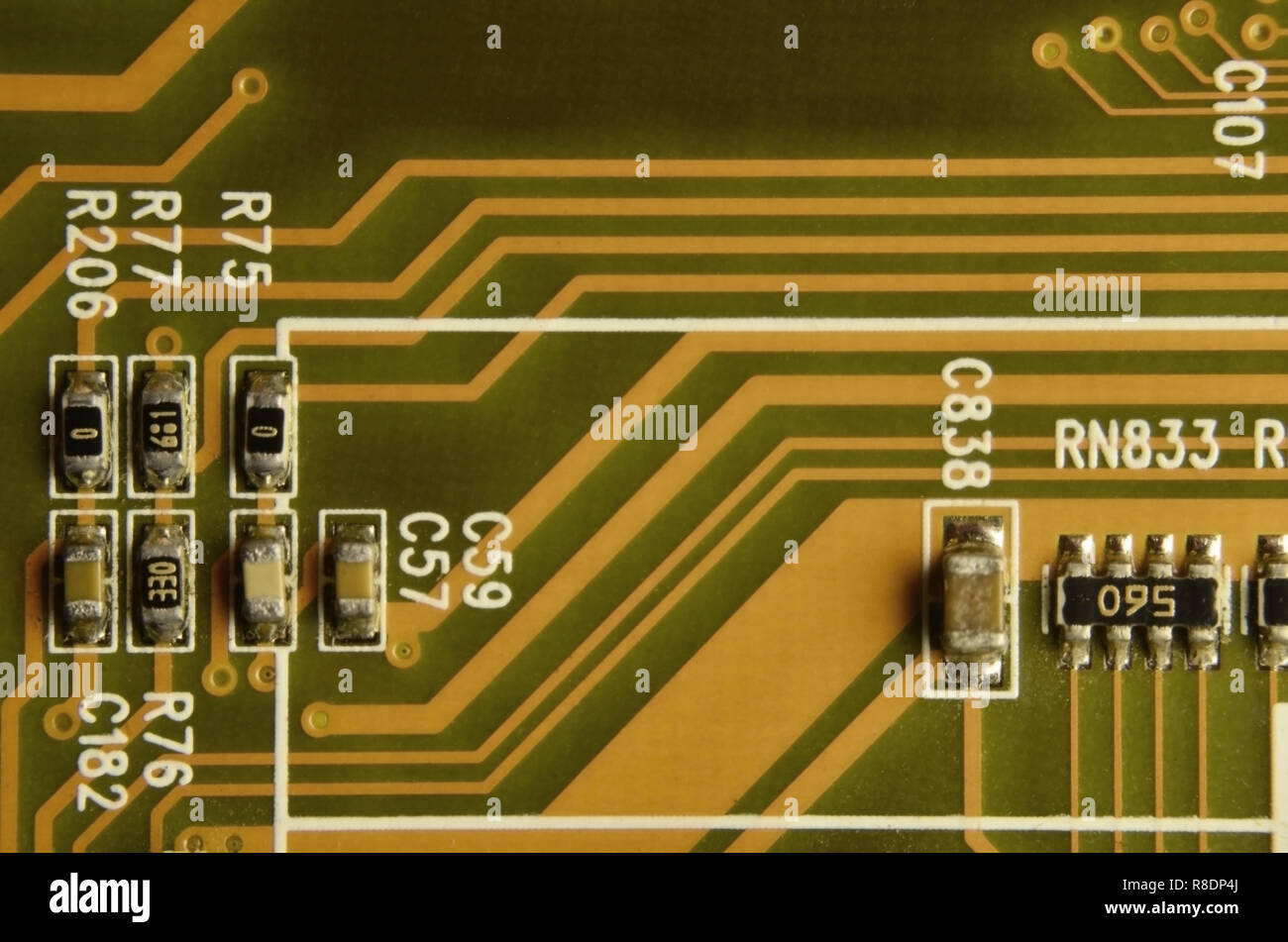 Close up of colored micro circuit board. Abstract technology background ...