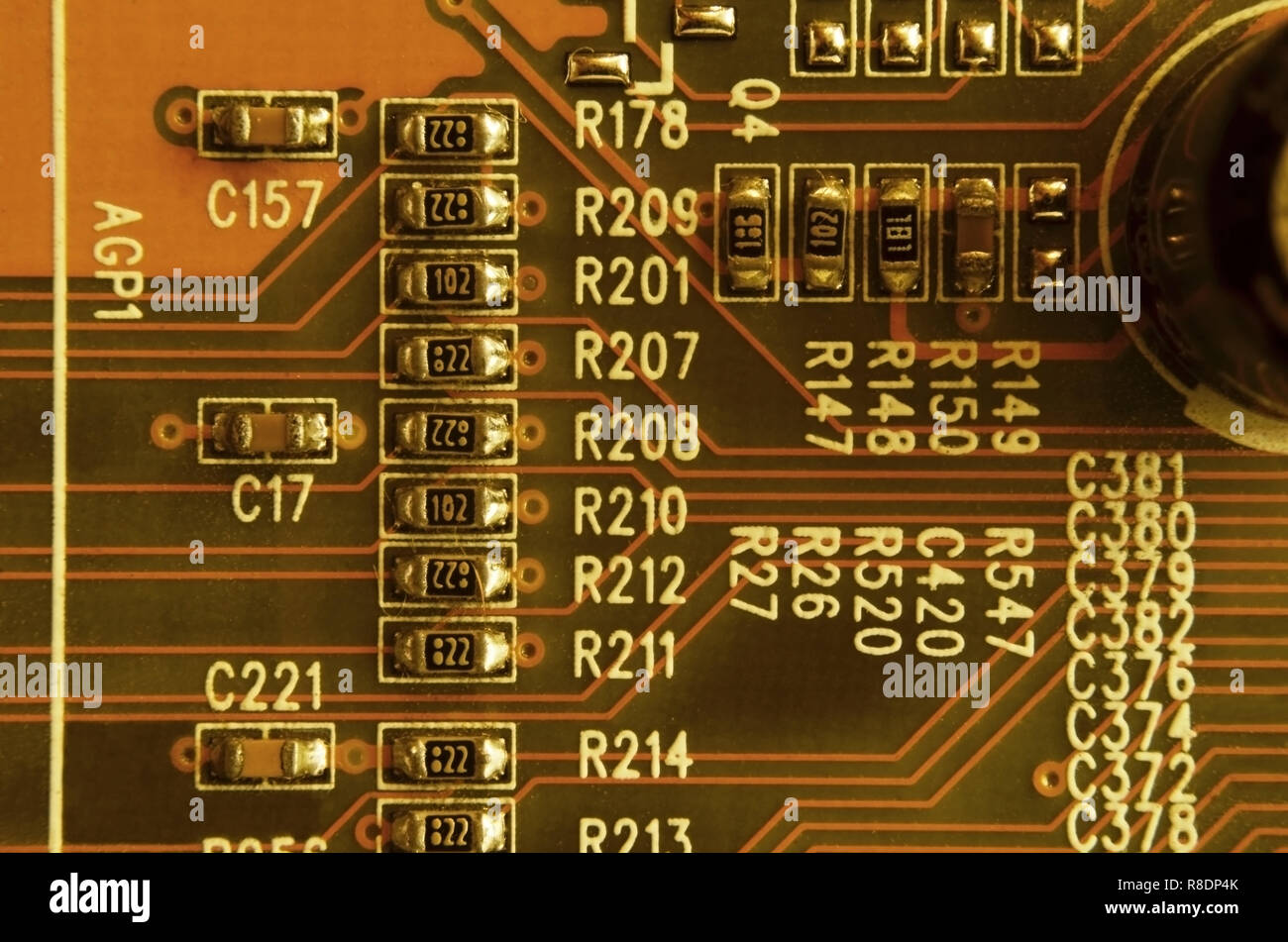 Close up of colored micro circuit board. Abstract technology background ...