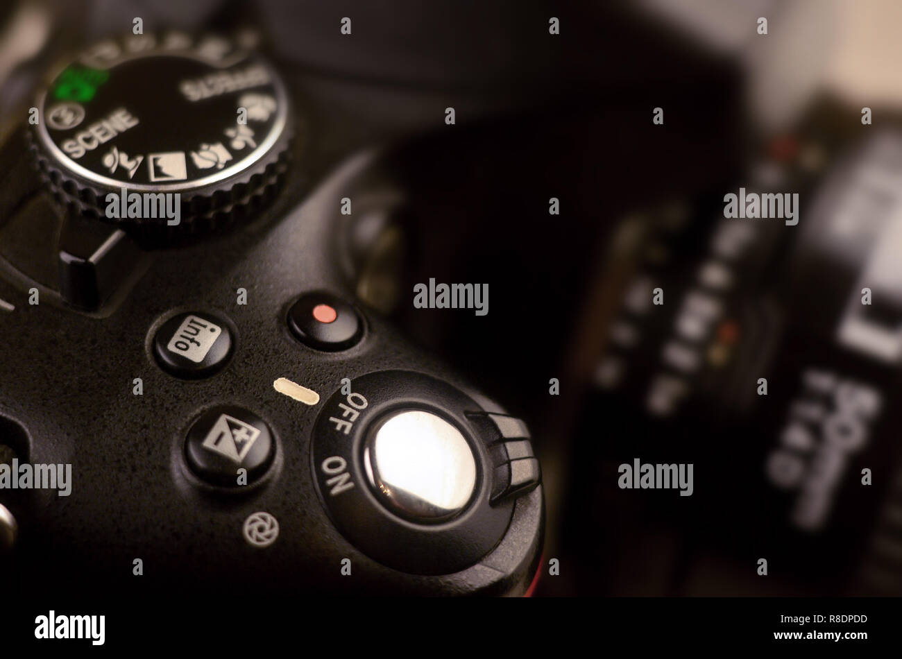 Close-up macro shot of a modern digital SLR camera. Detailed photo of ...