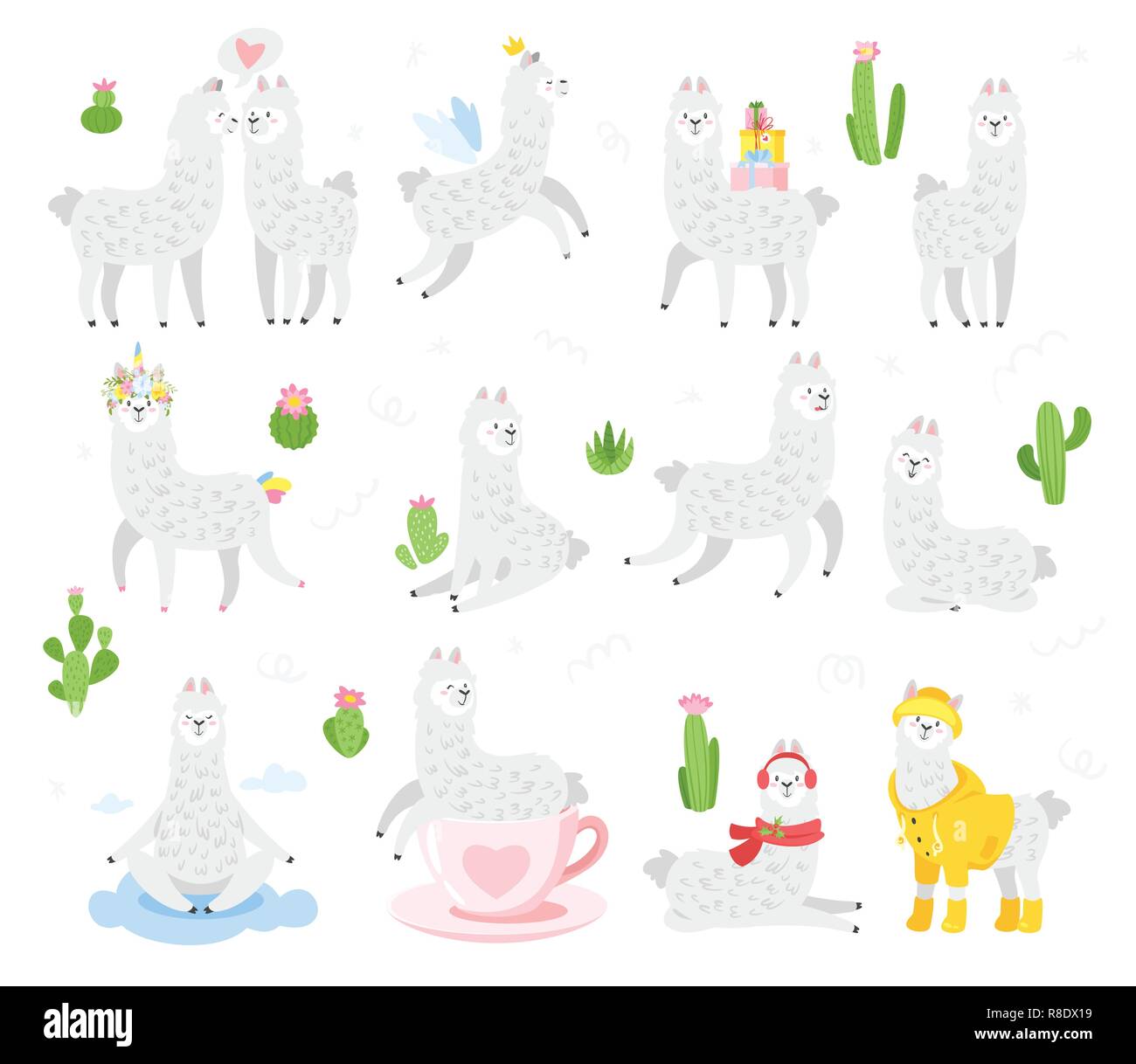 Cute lama. Cool alpaca animal in different poses and activities. Vector ...