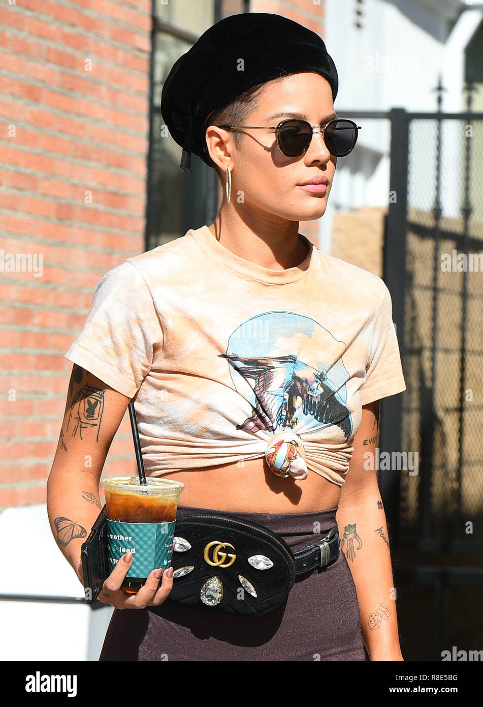 Halsey is all style as she picks up coffee wearing a Gucci belt bag and ...