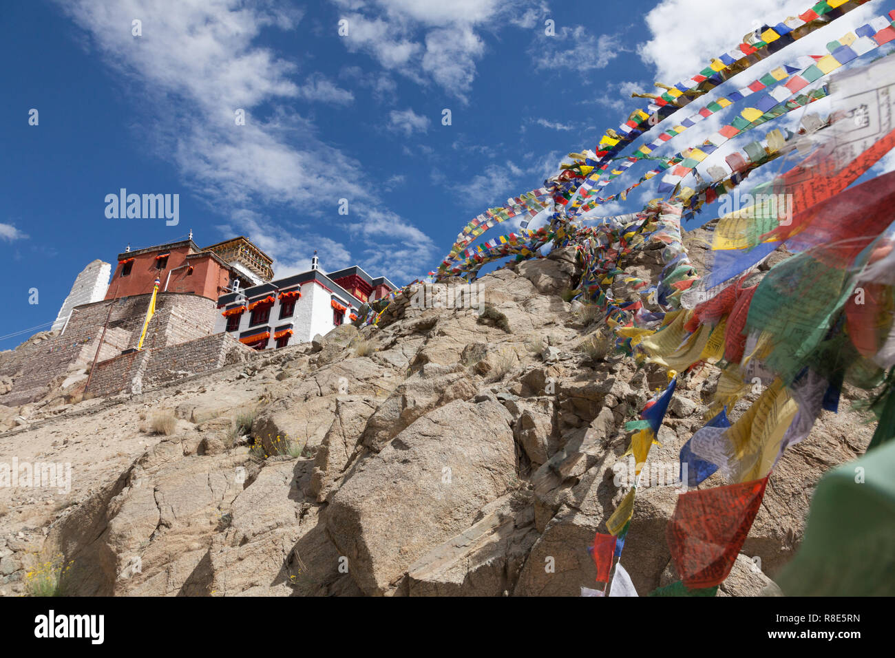 Colourful prayer flags, Tsemo Maitreya Temple, Tsemo Goenkhang ...