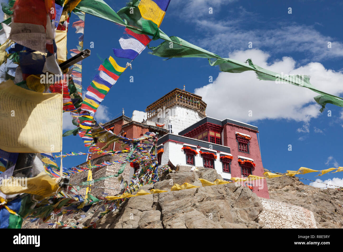 Colourful prayer flags, Tsemo Maitreya Temple, Tsemo Goenkhang ...