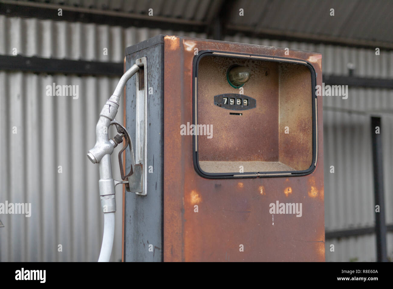 An old car fuel distributor. Abandoned gas station in the countryside ...
