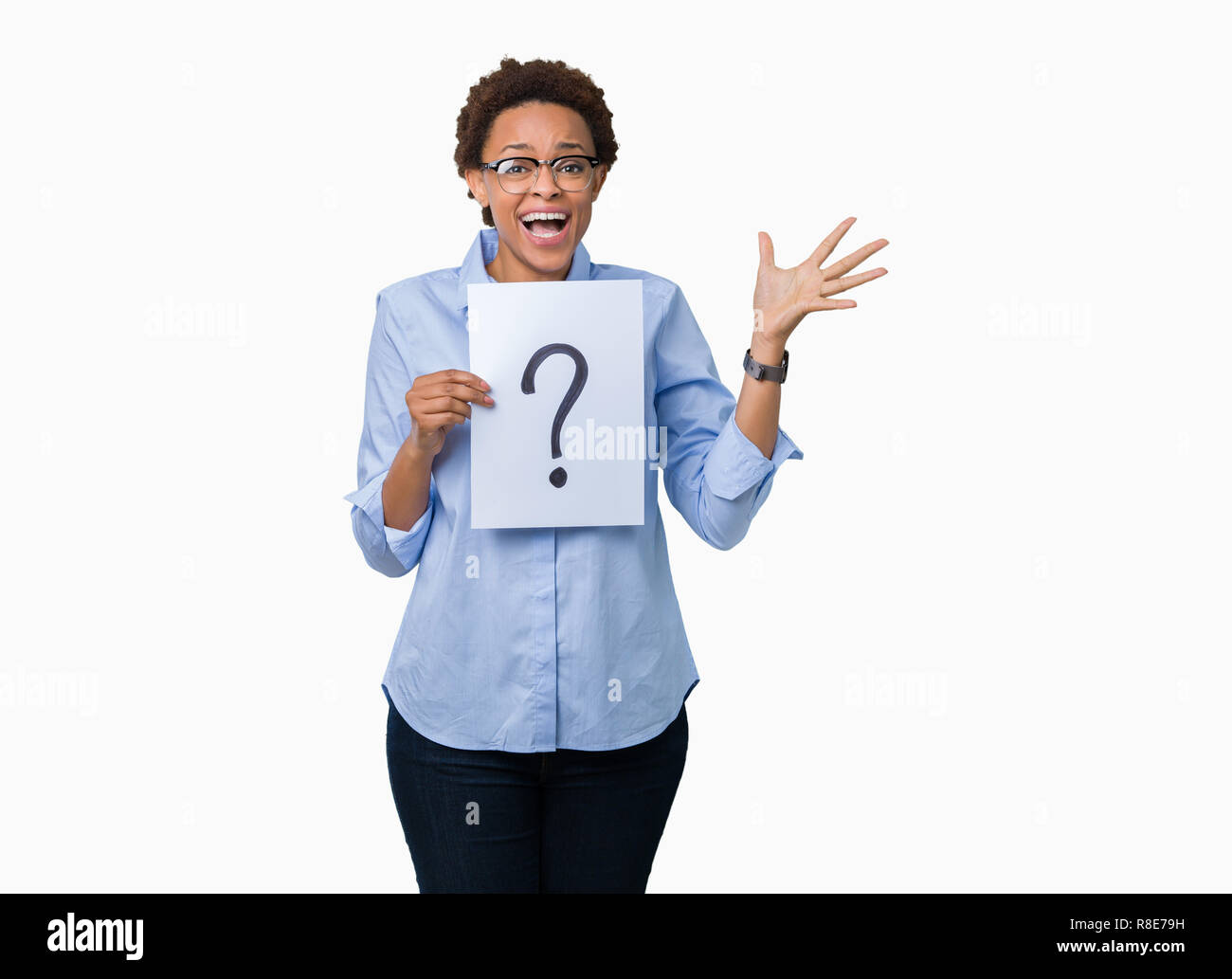 Young african american woman holding paper with question mark over ...