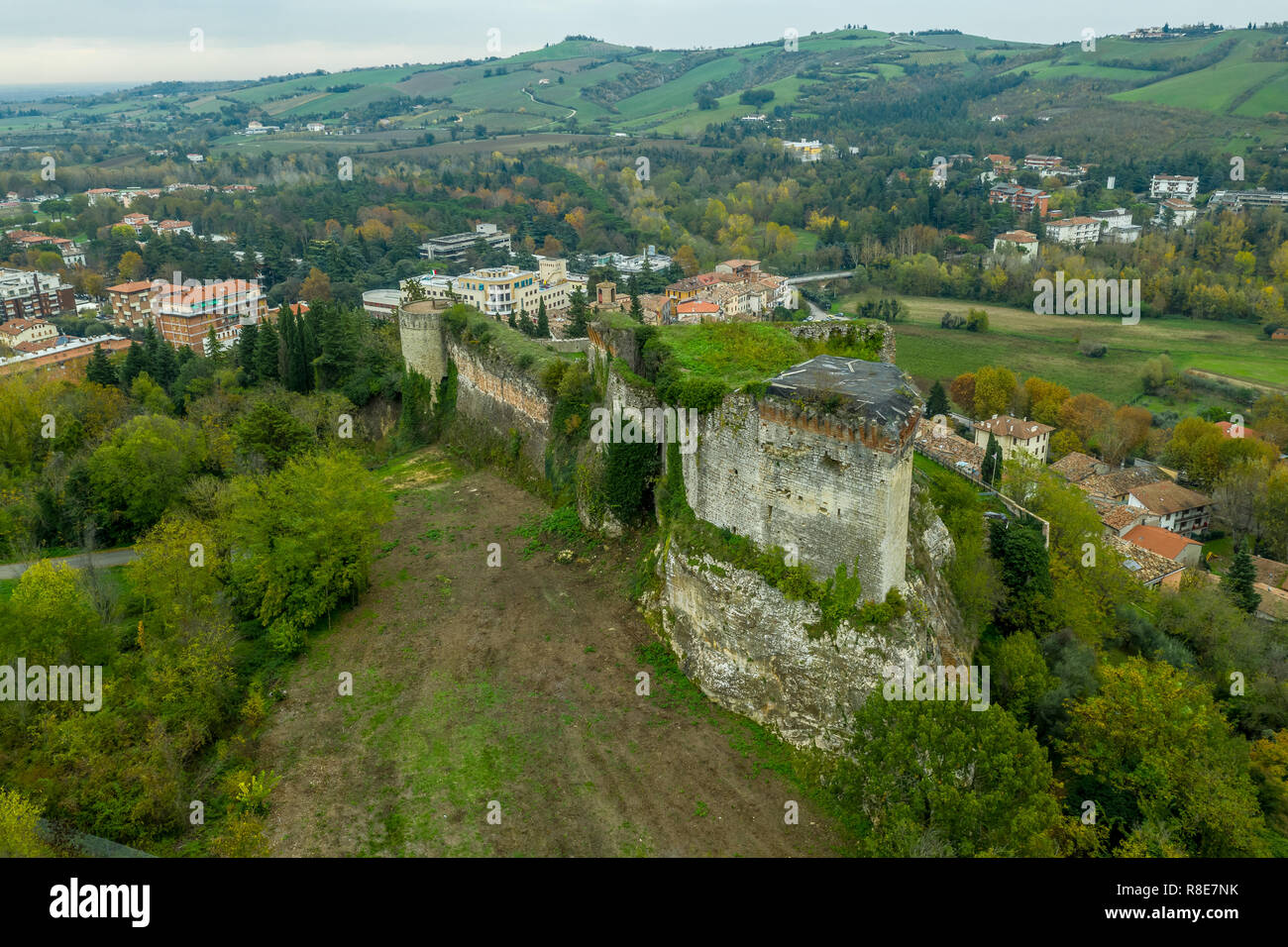 Aerial view of thermal spa town, Gothic medival castle fortezza and ...