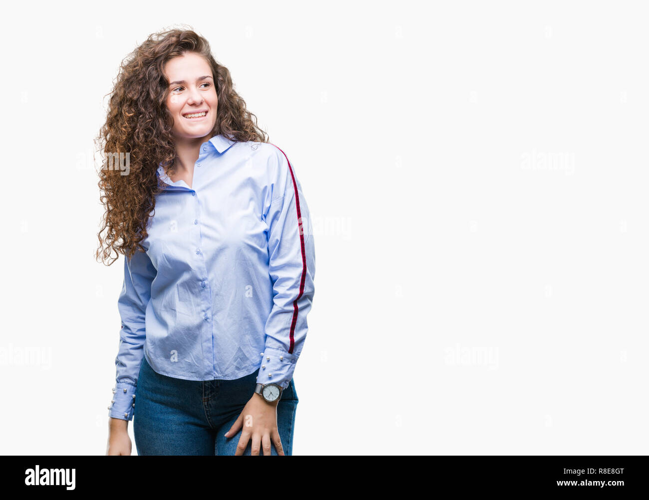 Beautiful brunette curly hair young girl wearing elgant look over ...