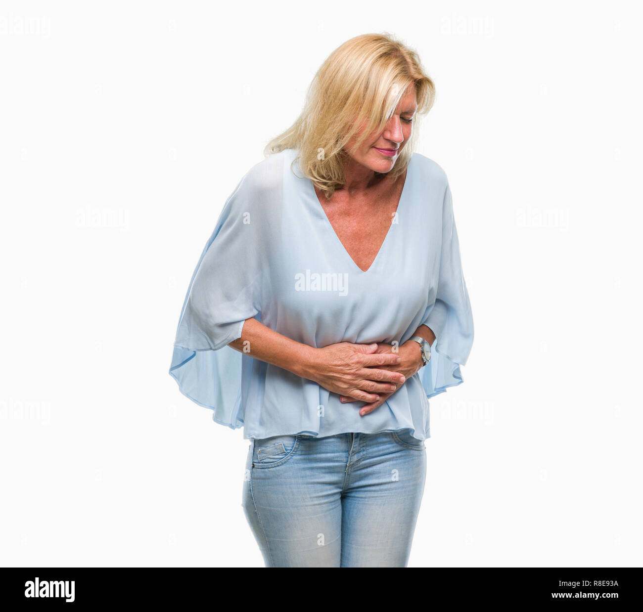 Middle age blonde business woman over isolated background with hand on ...