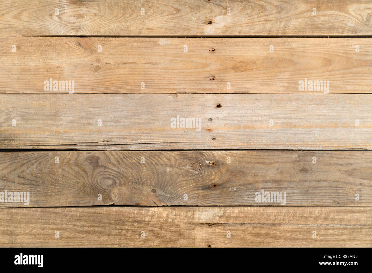 Empty brown rustic wooden plank table flat lay top view from above with ...