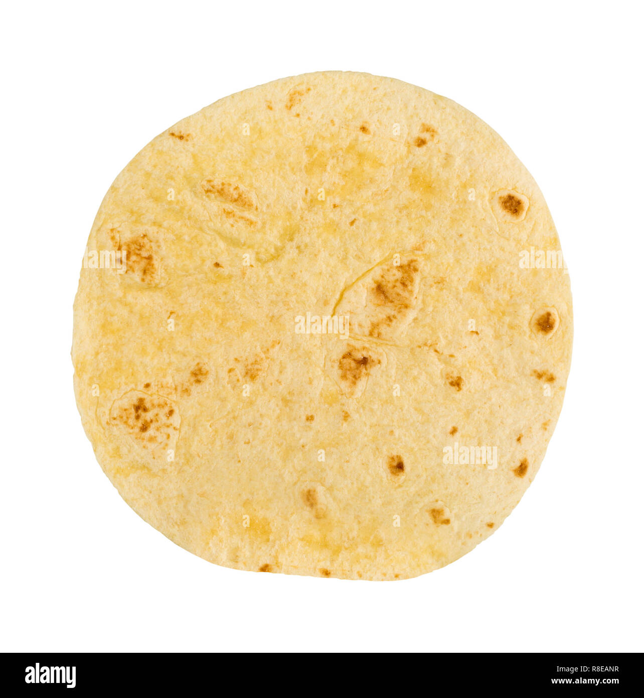 Single, empty wheat tortilla flat lay top view isolated on white ...