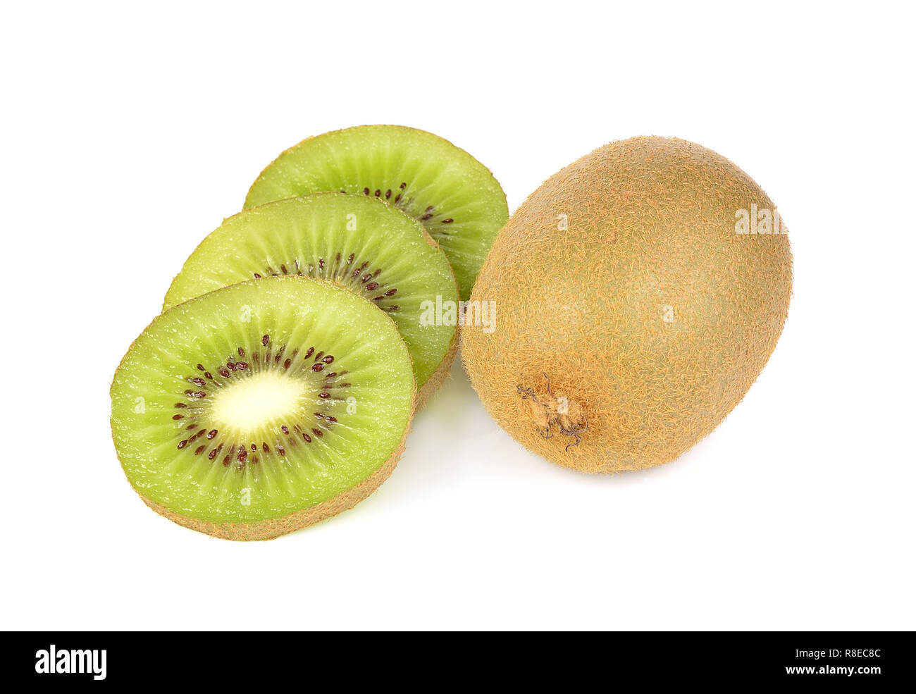Whole kiwi fruit and his sliced segments isolated on white background ...