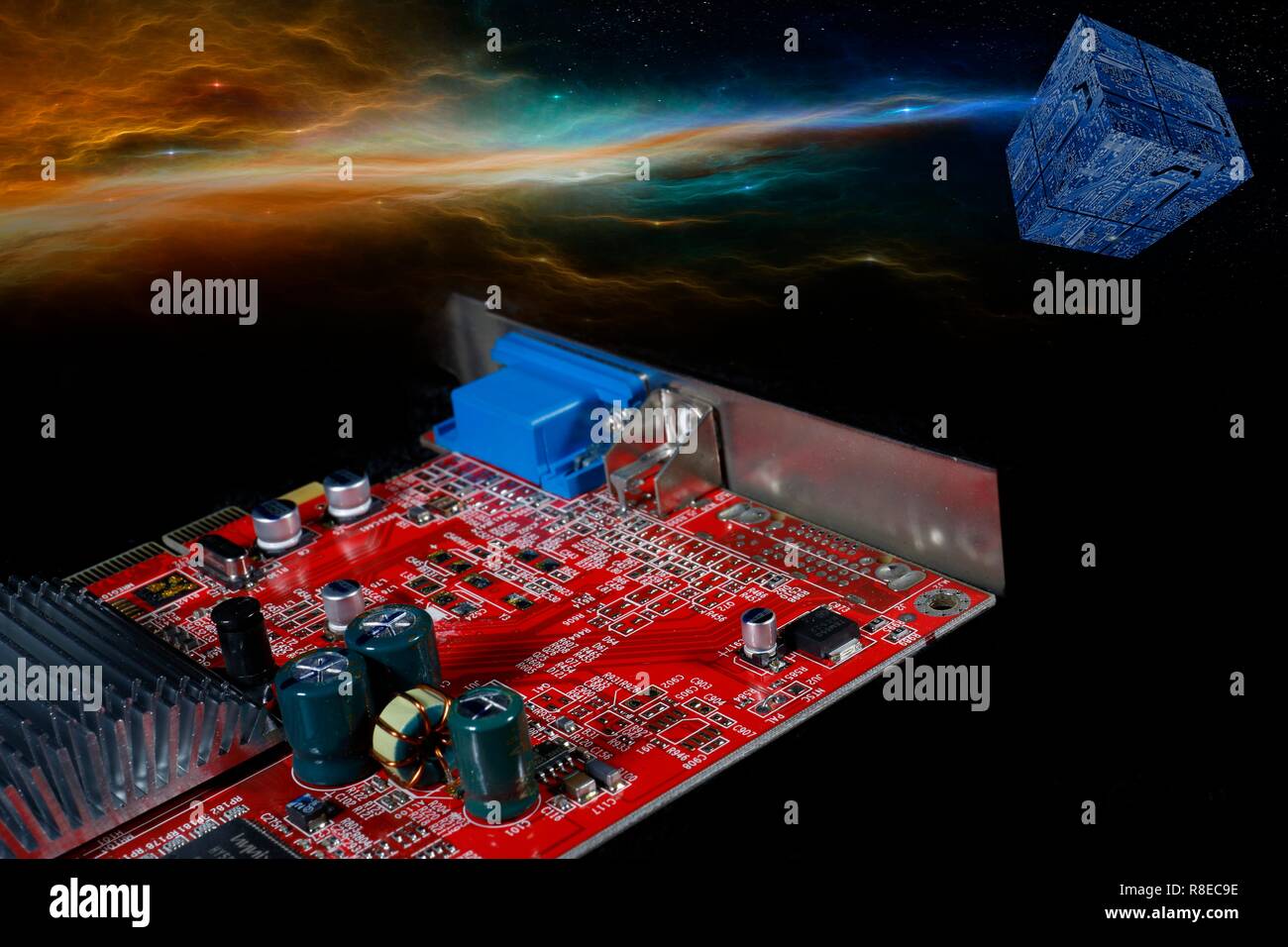 Future of computing, conceptual image. Circuit board in space with a ...