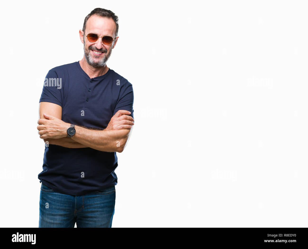 Middle age hoary senior man wearing sunglasses over isolated background ...